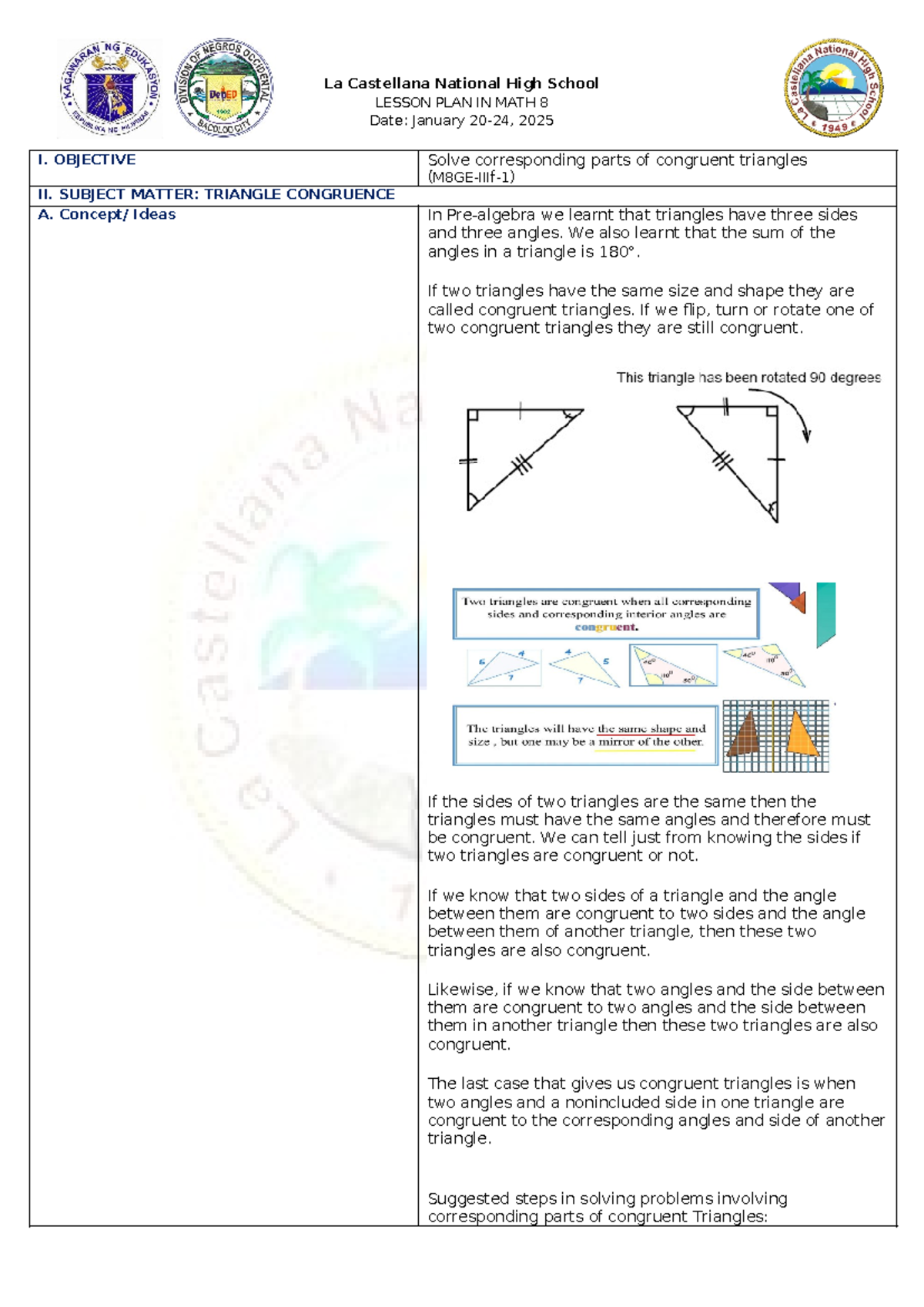 LP MATH 8 - Lesson Plan on Solving Corresponding Parts of Congruent ...