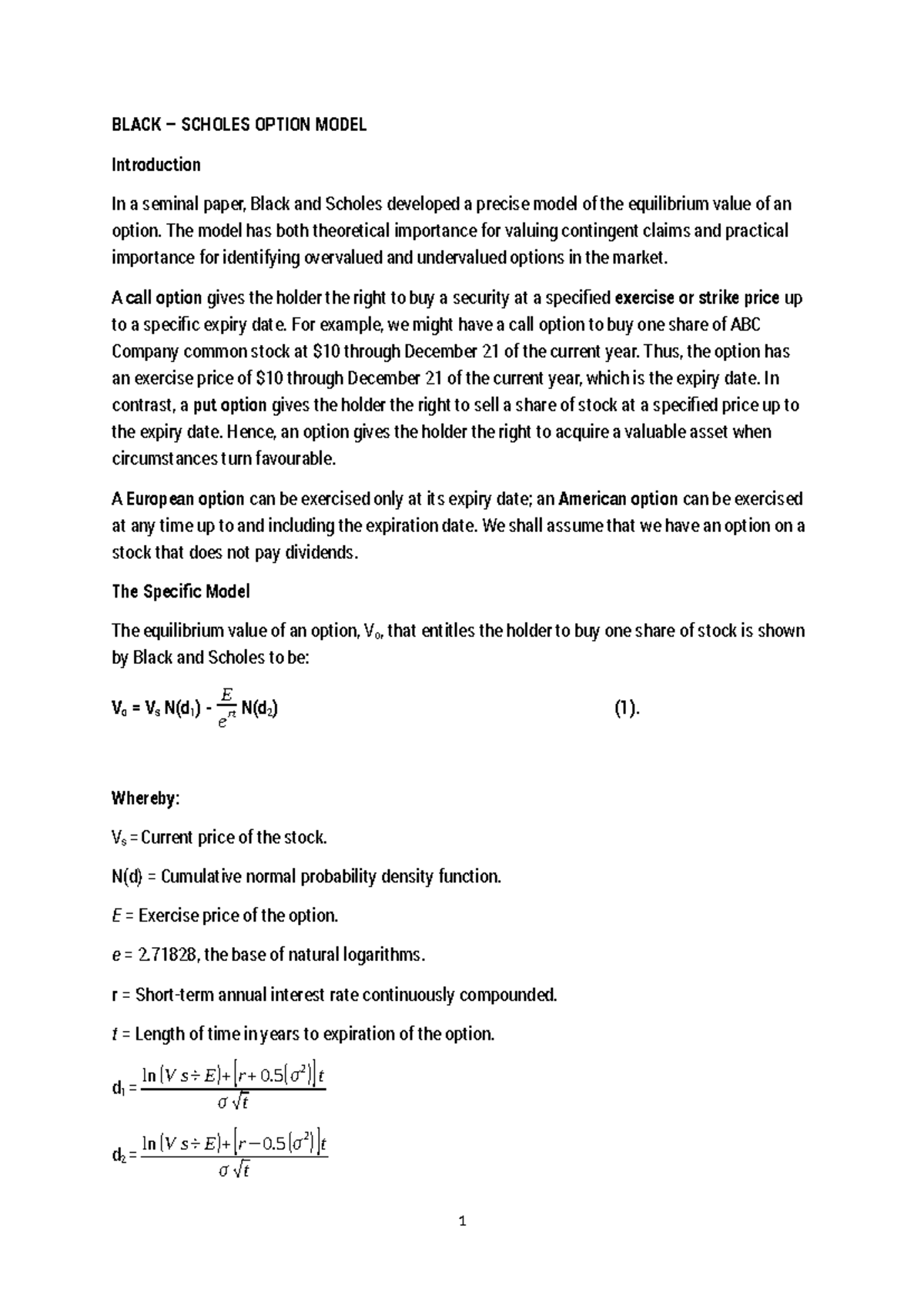FIN 2305 Lecture Notes: Black-Scholes Option Pricing Model - Studocu