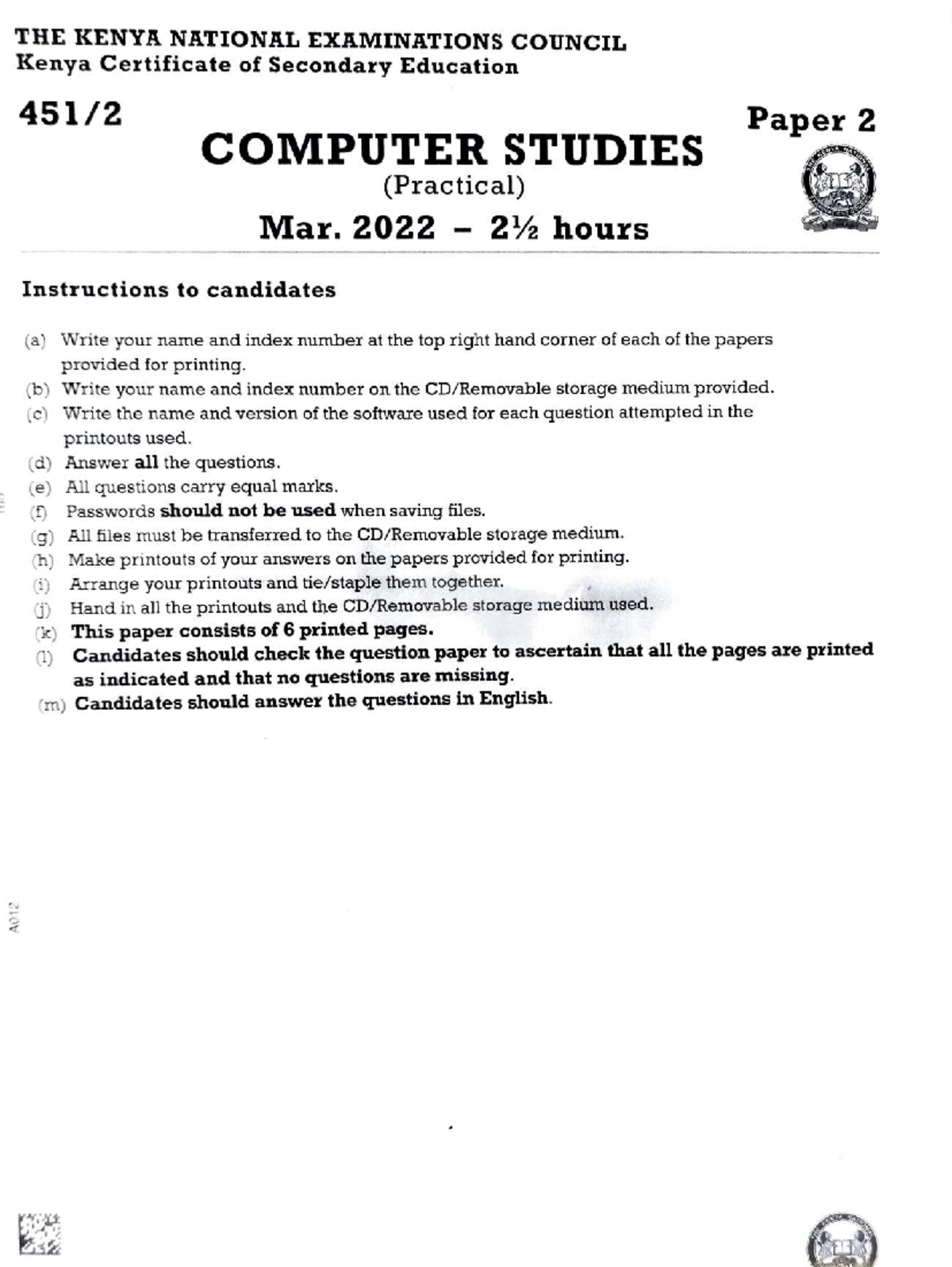 KCSE 2022 Computer Studies Paper 2 Practical Exam Guide - Studocu