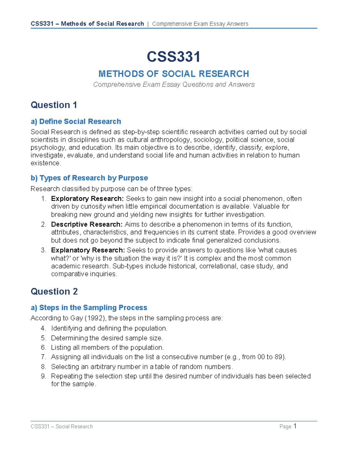 CSS331 Methods of Social Research Comprehensive Exam Answers Summary ...