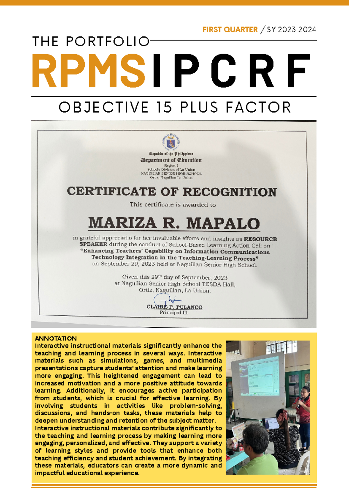 RPMS I PCRF Objective 15 Annotations: Enhancing Teaching & Learning ...