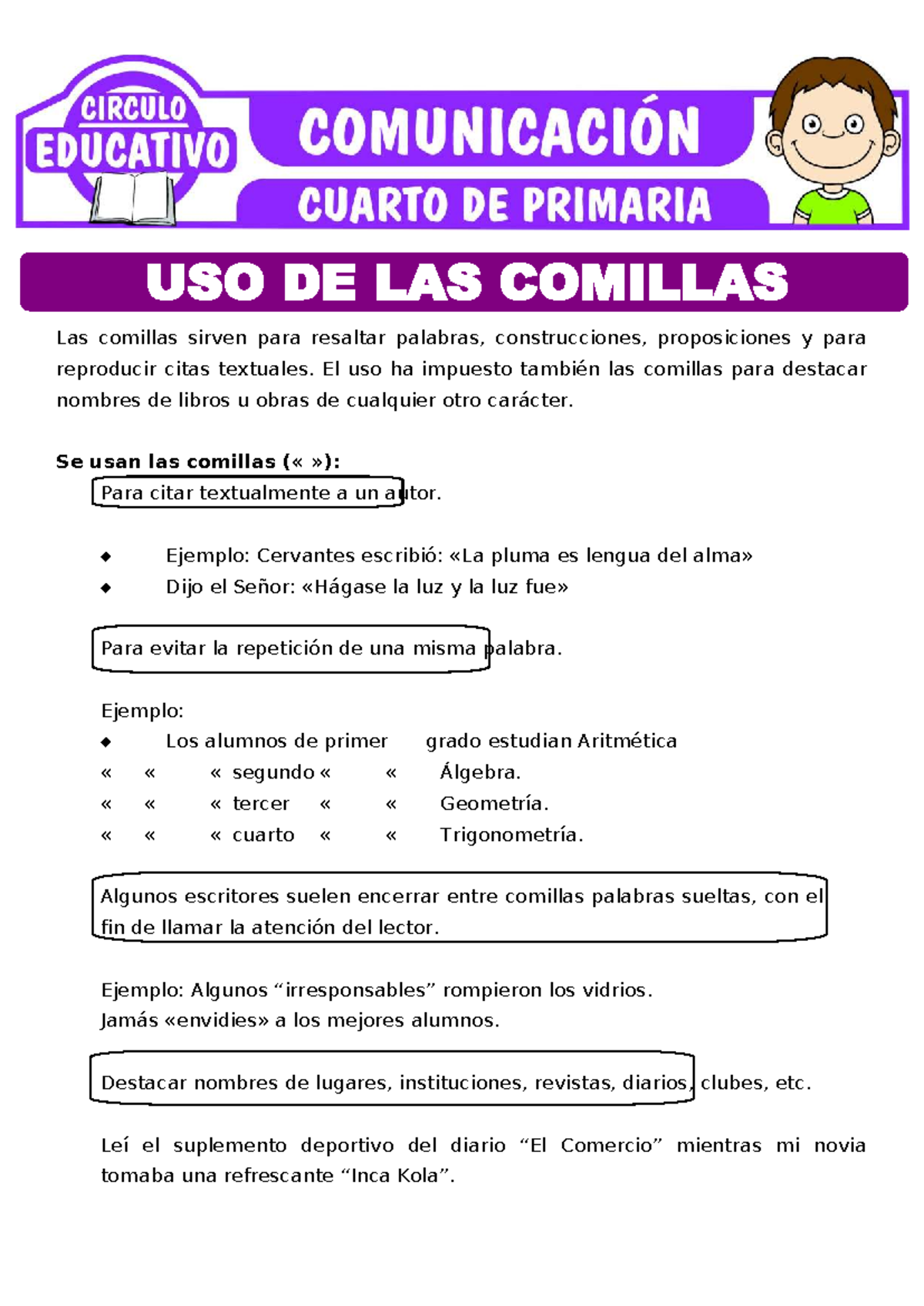 Uso de las Comillas en Cuarto de Primaria - Ejercicios y Ejemplos - Studocu