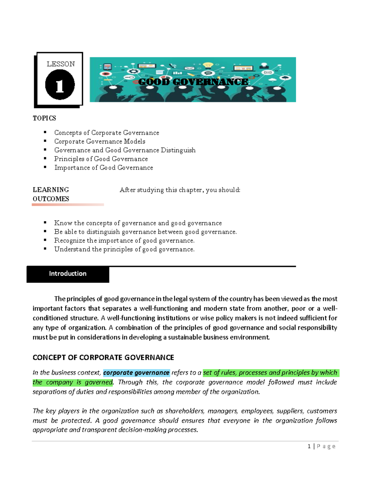 Governance Concepts and Corporate Governance Models - Lesson 1 - Studocu