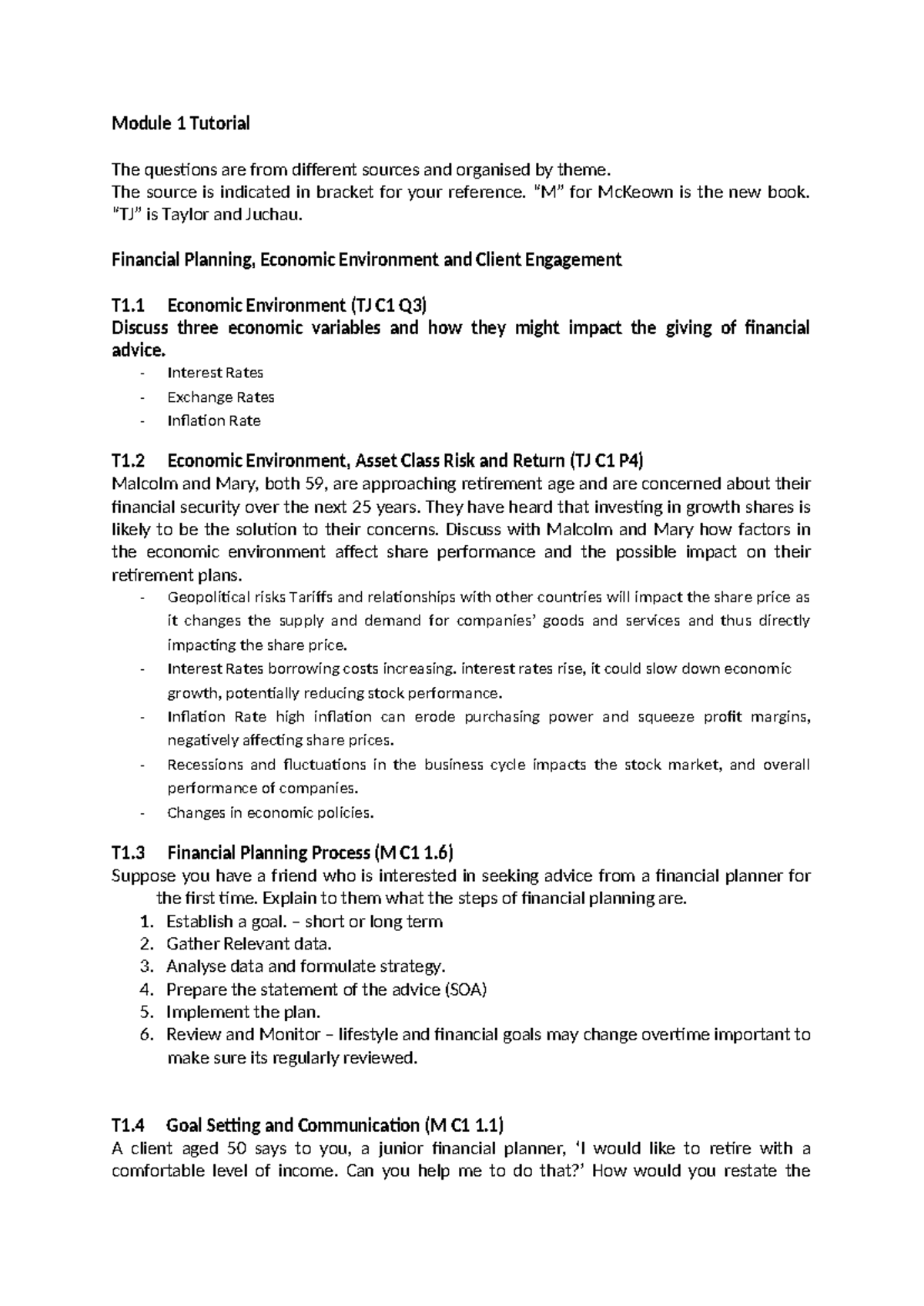Tutorial M01: Economic Environment & Financial Planning Insights - Studocu