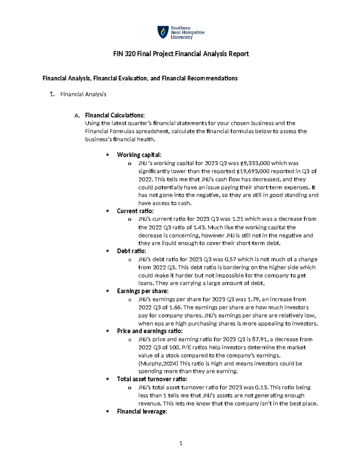 FIN 320 Final Project: Comprehensive Financial Analysis of JNJ - Studocu
