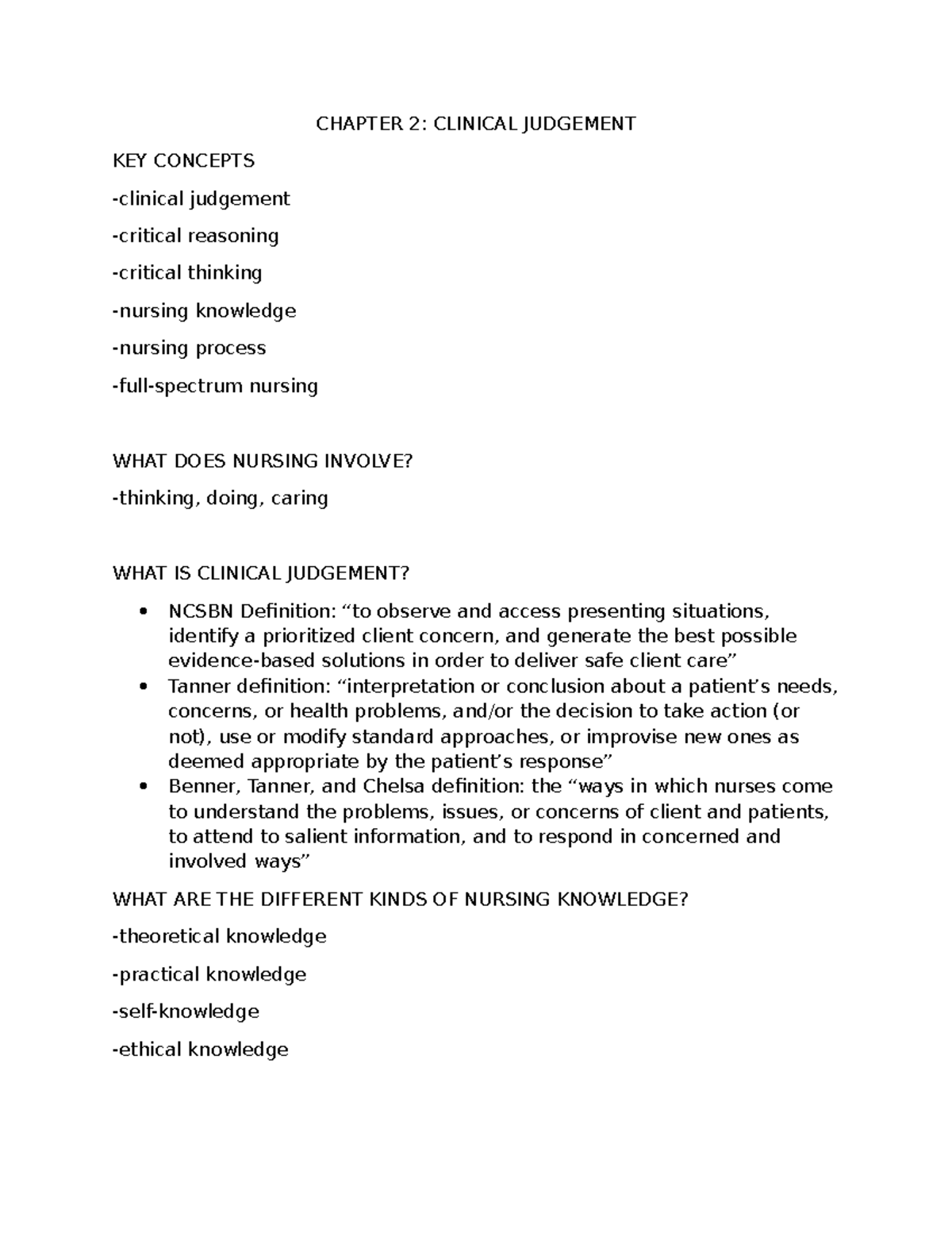 NURS 101: Chapter 2 - Clinical Judgement & Critical Thinking in Nursing ...
