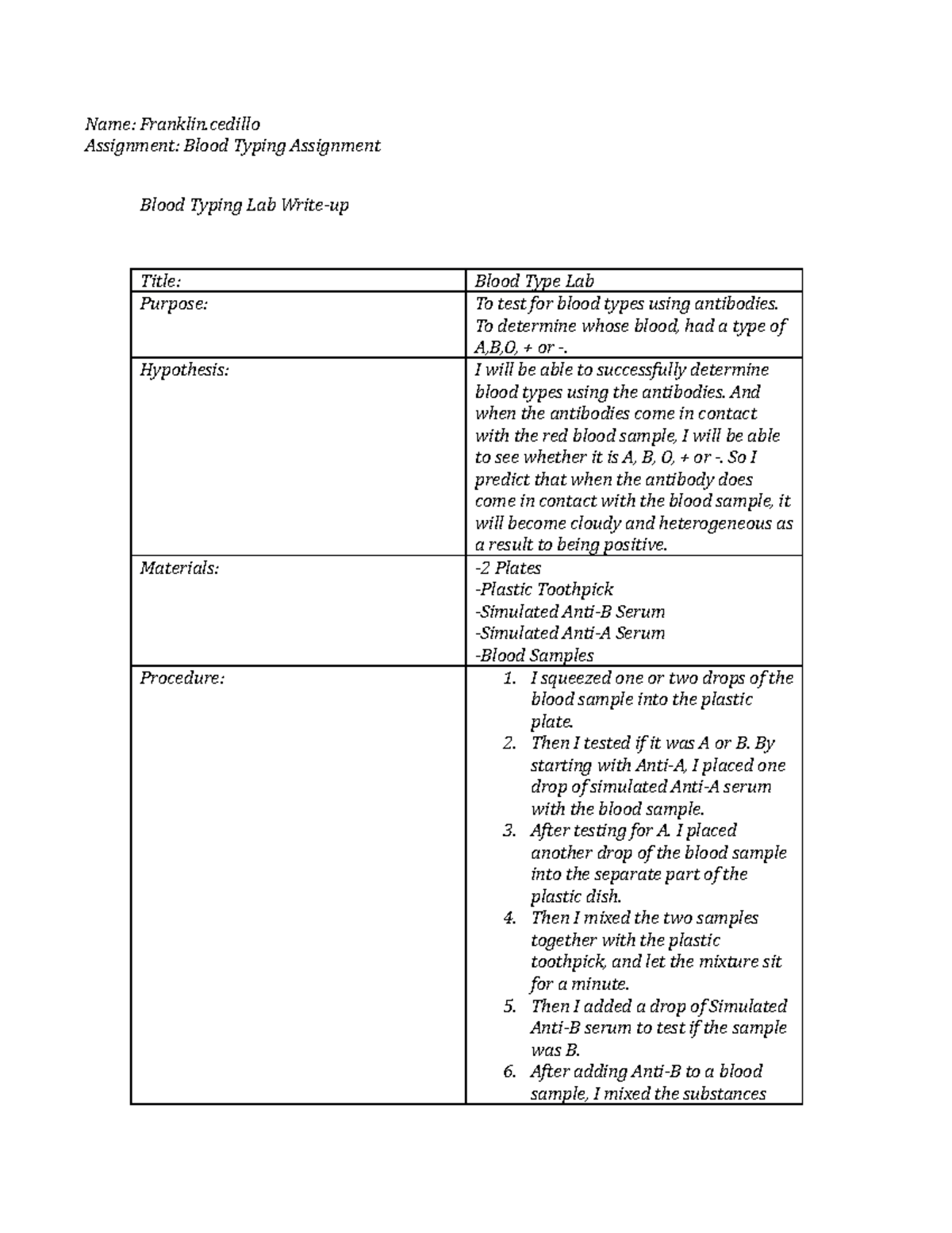 Blood Typing Lab Write-Up: Edgenuity Lab 2021 Report - Studocu