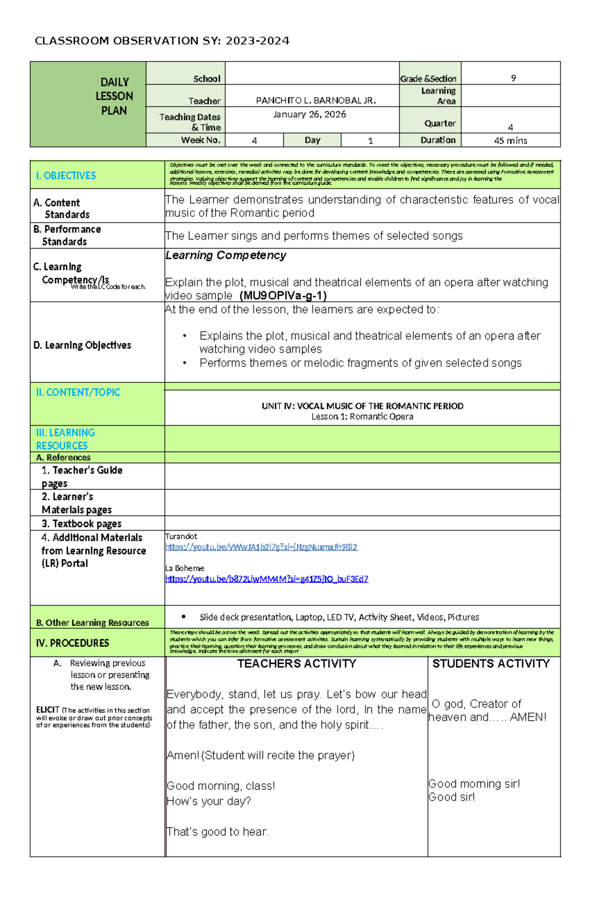 CLASSROOM OBSERVATION SY: Daily Lesson Plan on Vocal Music of the ...