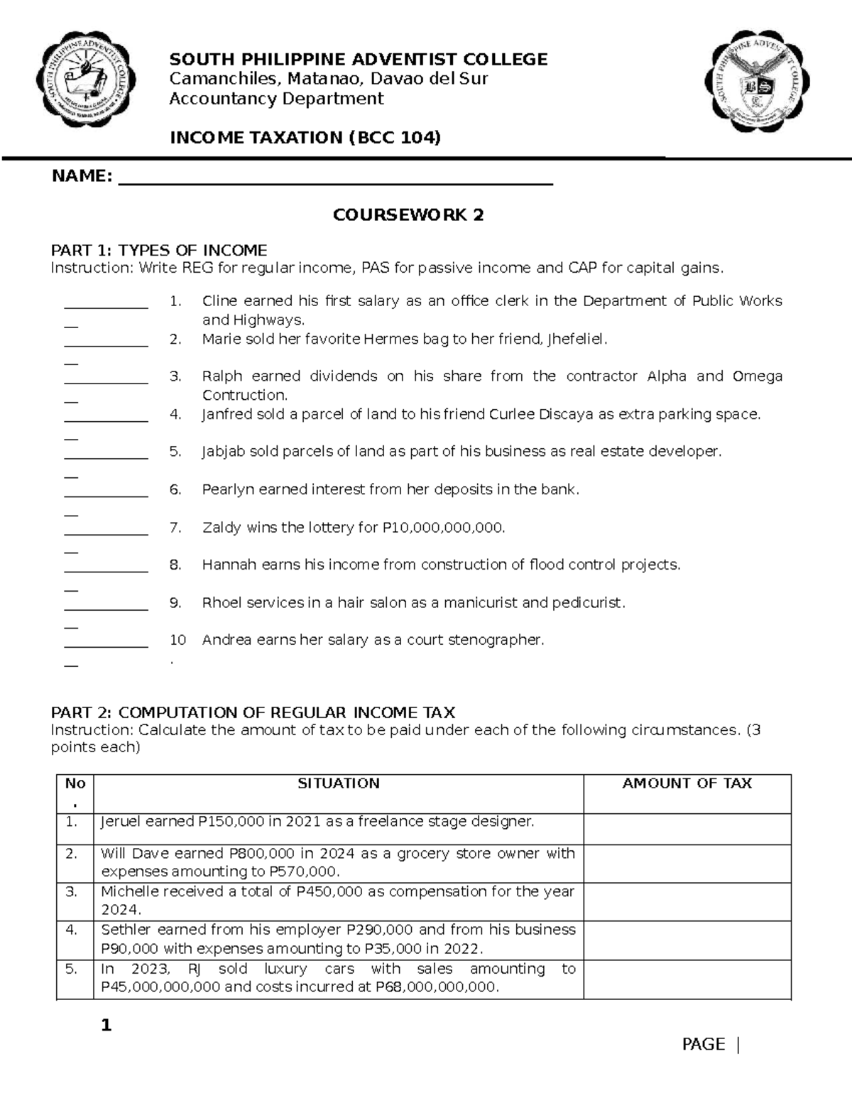 BCC 104 - Income Taxation Coursework 2: Types of Income & Tax ...