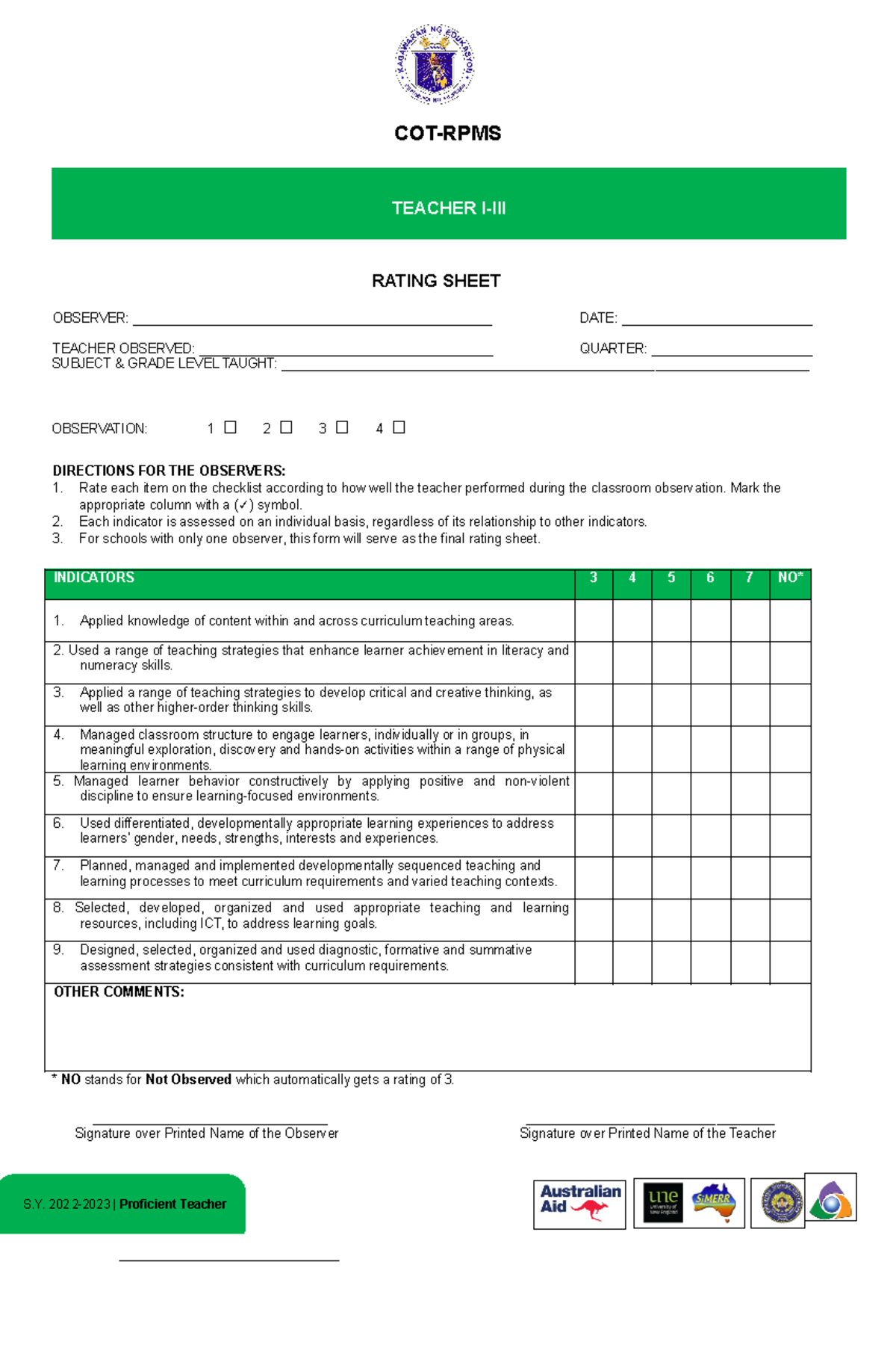 COT-RPMS Rating Sheet for Teachers I-III (SY 2022-2023) - Studocu