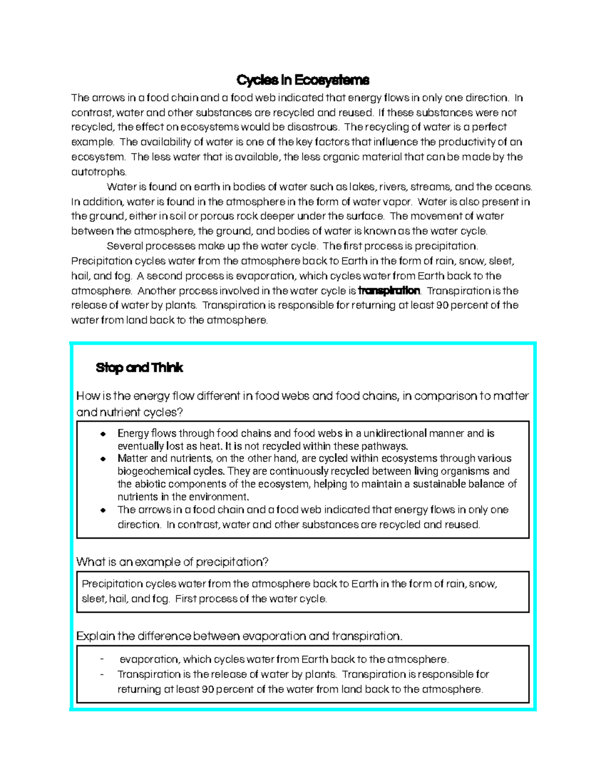 Ecosystem Cycles: Carbon and Water Cycle Overview (Bio 101) - Studocu