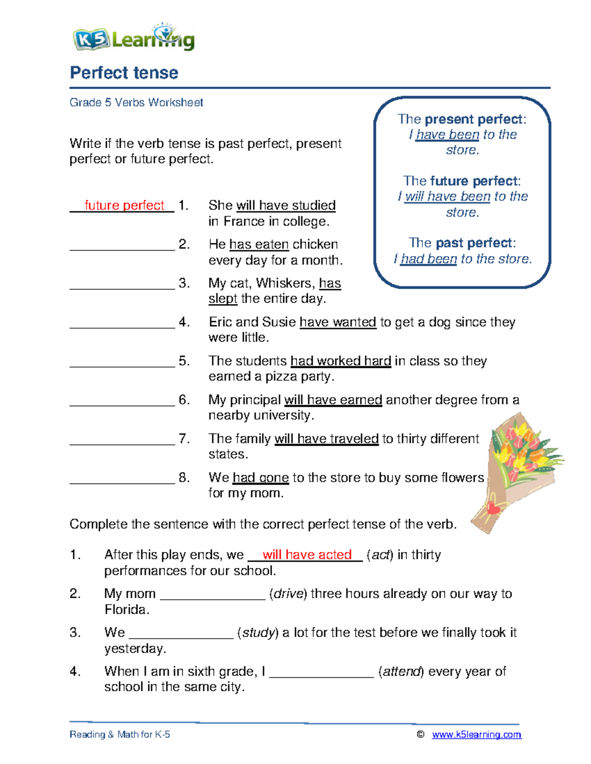 WS-PT - PRACTICE SHEETS ON TENSES - Perfect tense Grade 5 Verbs ...