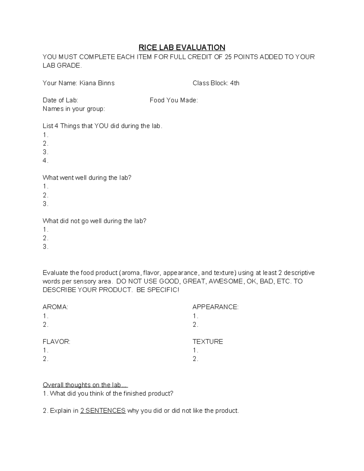 Food Lab Evaluation - 4th Block: Complete Your 25-Point Assessment ...