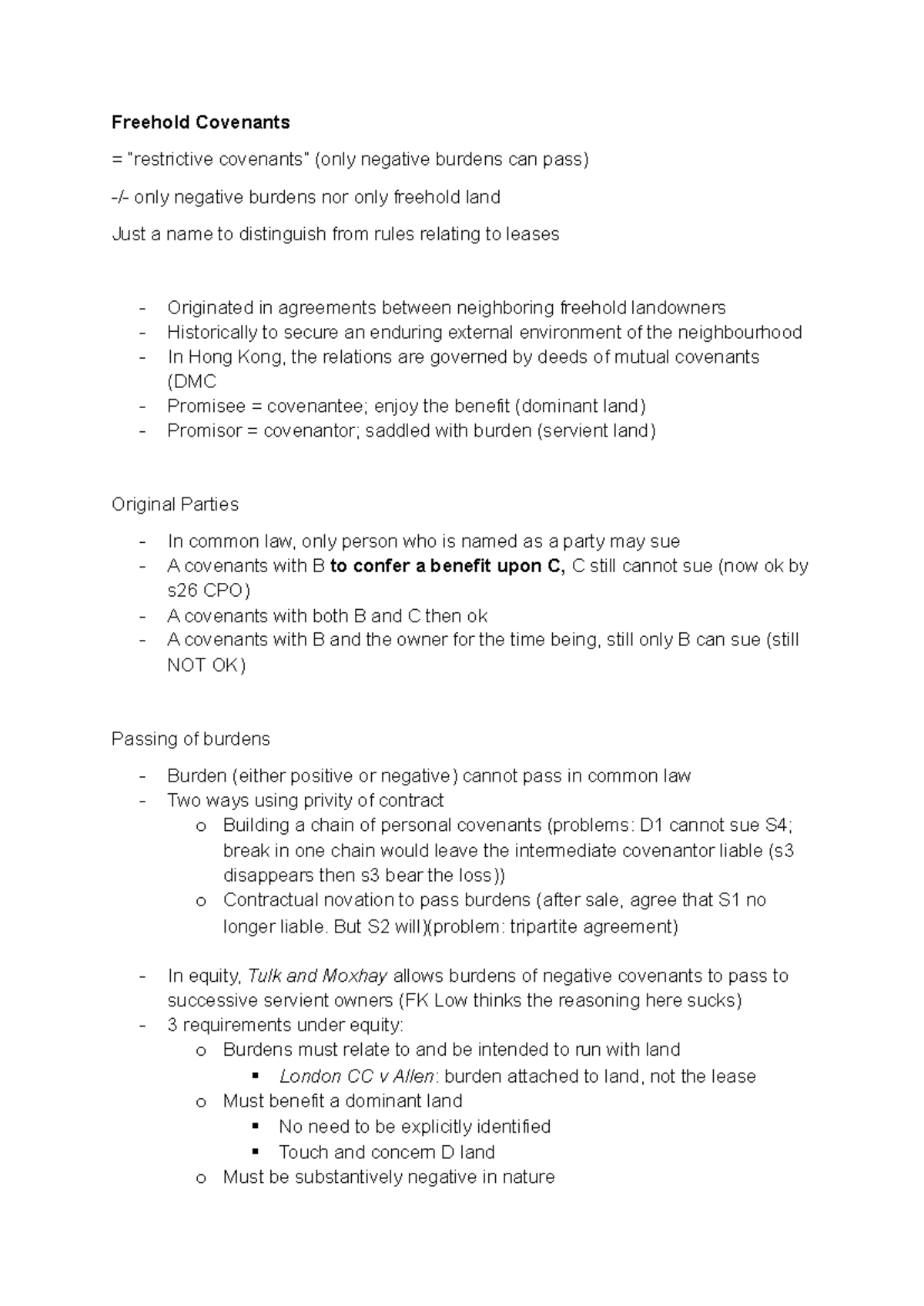 Freehold Covenants in Land Law: Summary of Key Principles and Cases ...