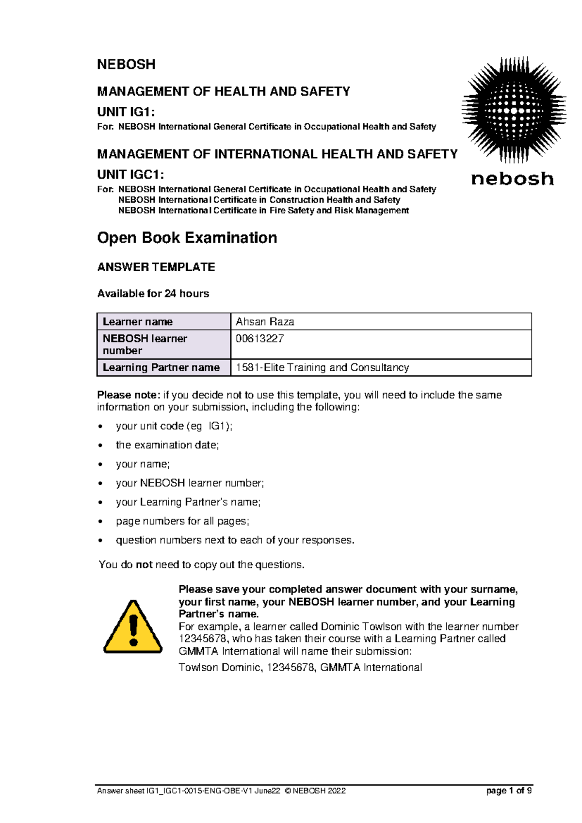 NEBOSH IGC1: Health & Safety Management Open Book Exam Answer Sheet - Studocu