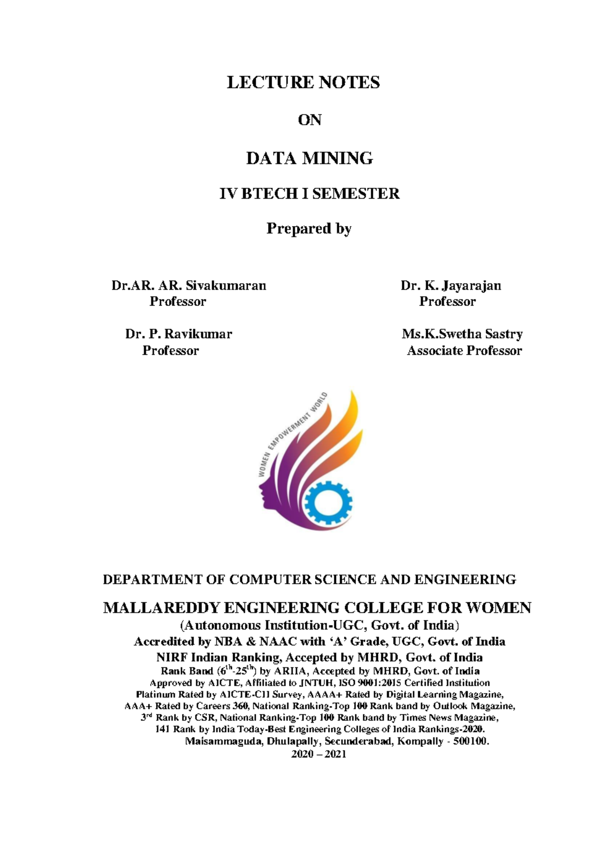 DATA MINING Lecture Notes for B.Tech IV Year I Semester (CS701PC) - Studocu