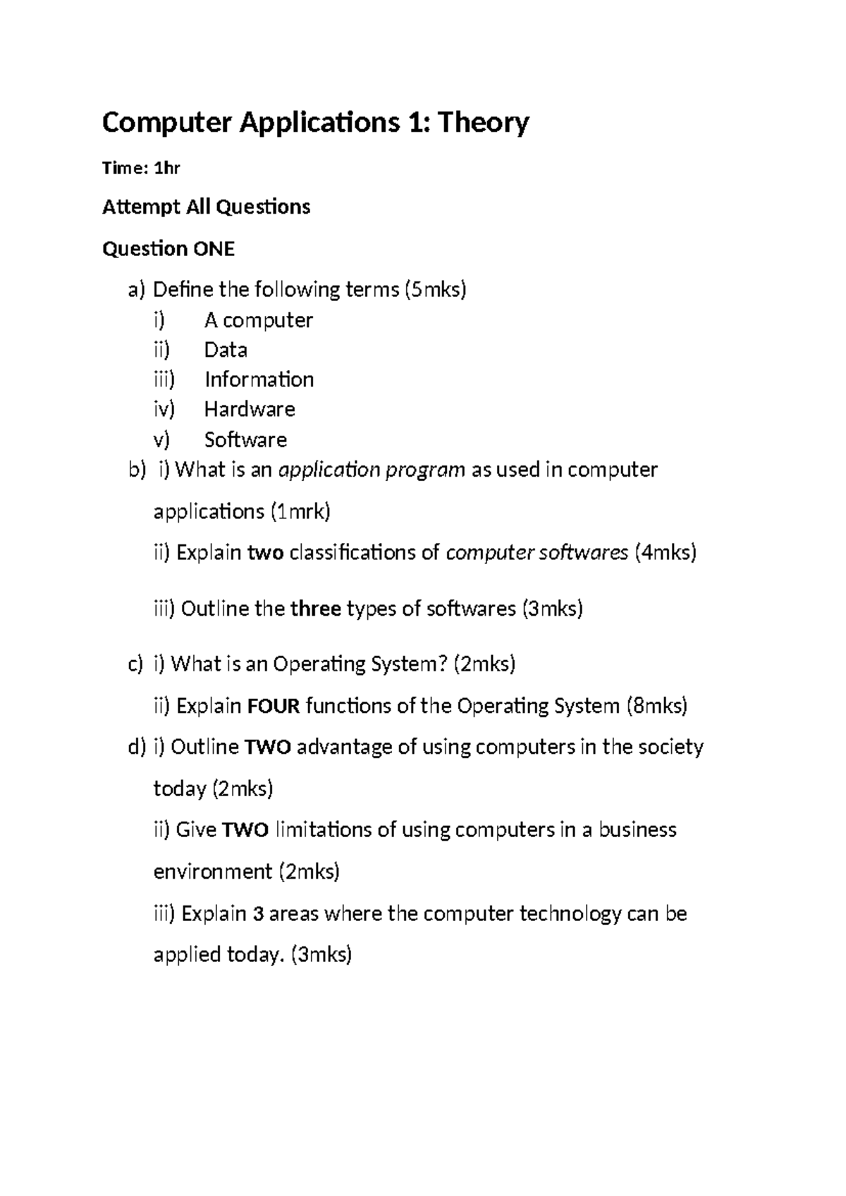 Computer Applications 1: Theory & Exam Questions Guide - Studocu