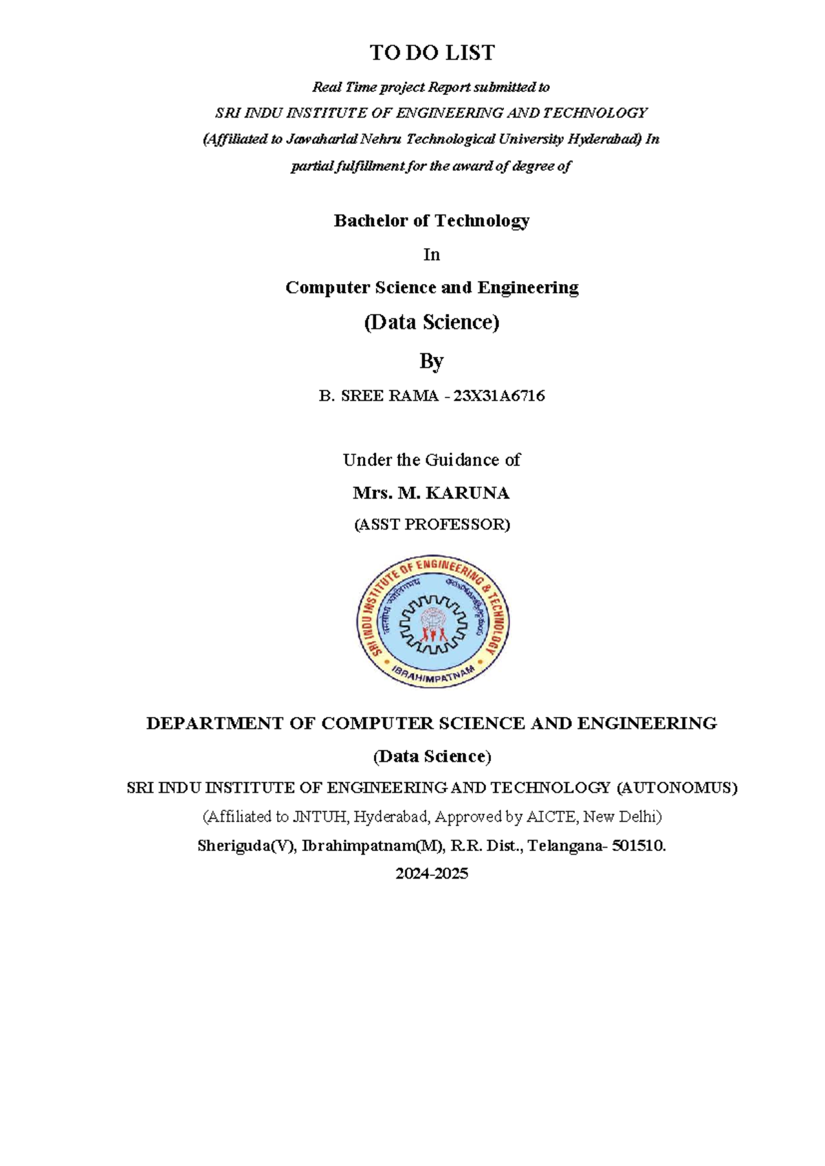 TO DO LIST Project Report - B.Tech CSE (Data Science) - Studocu