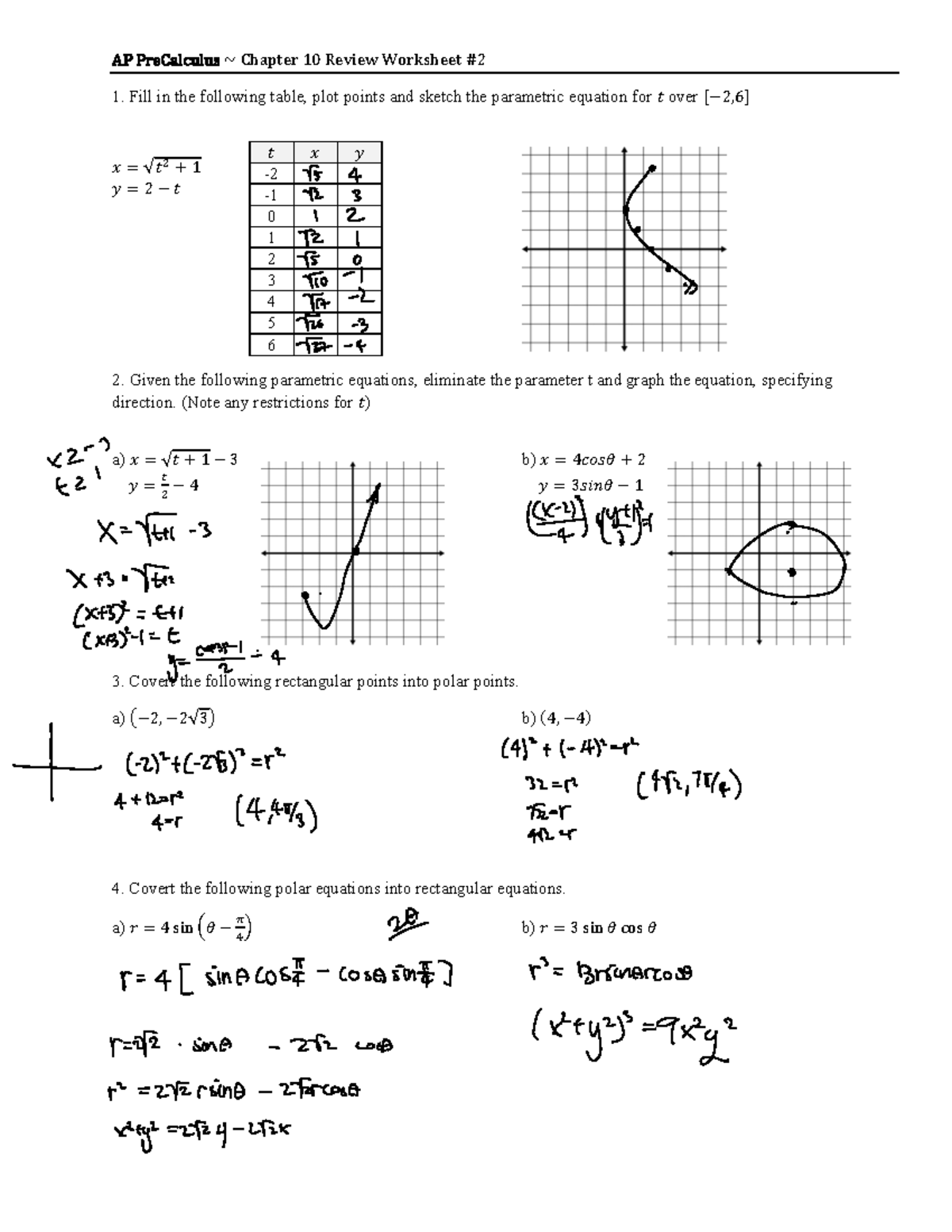 AP Pre Calc Chapter 10 Review Worksheet #2 - AP PreCalculus ~ Chapter ...