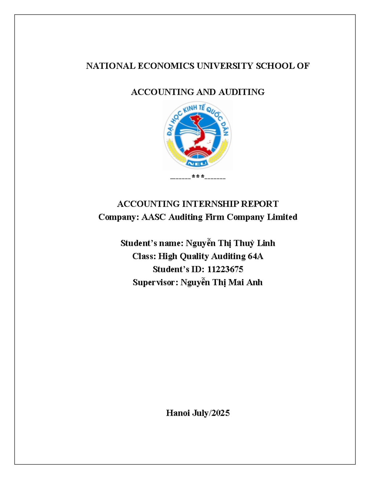 Internship Report: AASC Auditing Firm Co., Ltd. - Class HQA 64A - Studocu