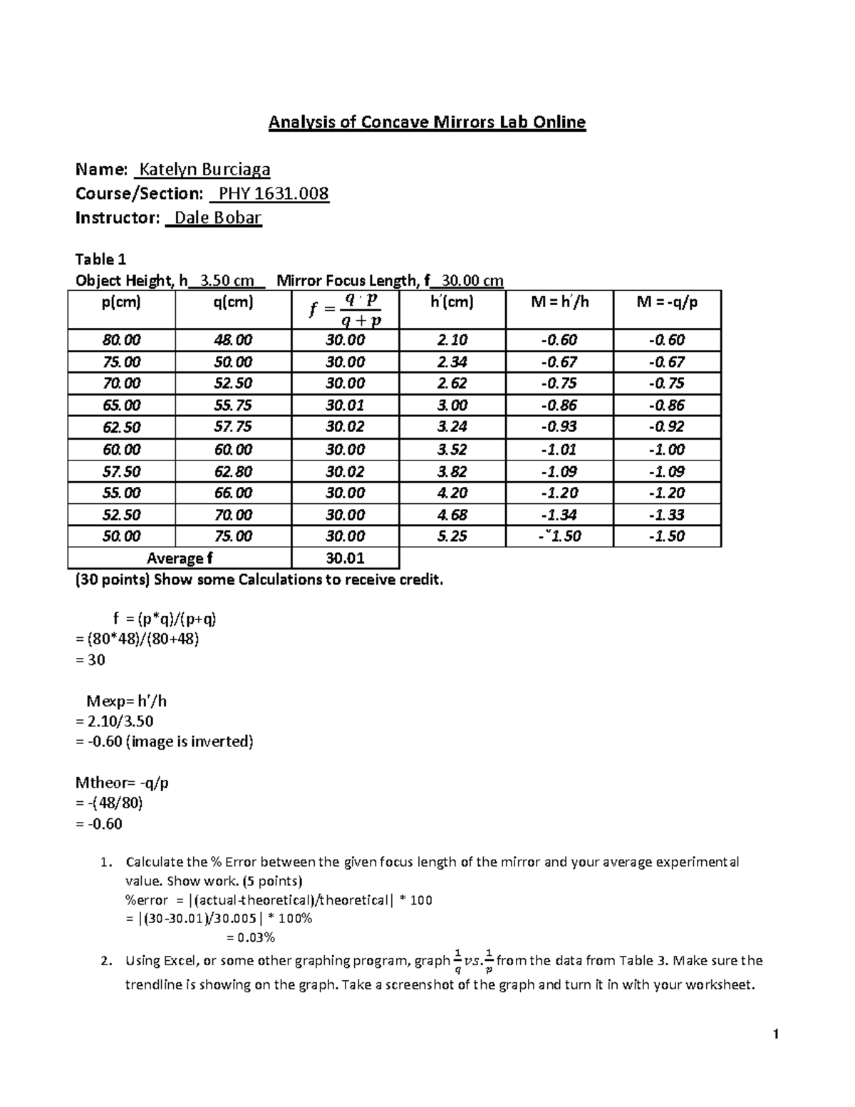 Concave Mirrors Lab Analysis - PHY 1631 - Studocu