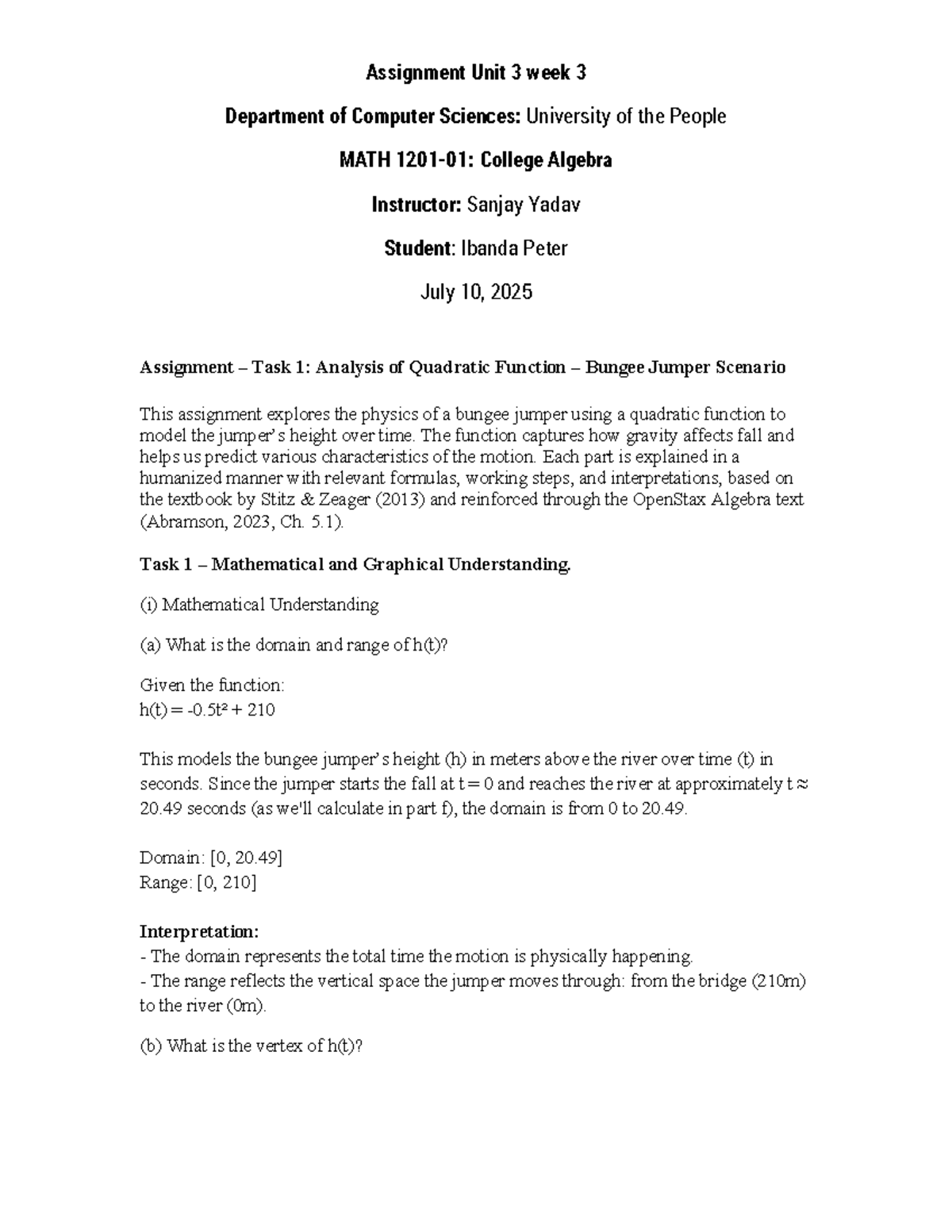 MATH College Algebra Assignment Unit 3: Quadratic & Linear Functions ...