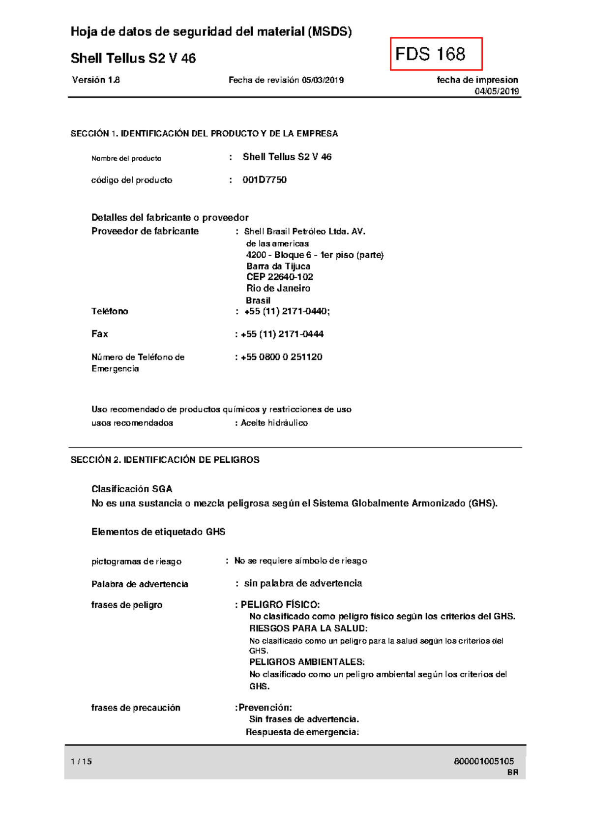 Hoja de Datos de Seguridad (MSDS) - Shell Tellus S2 V 46 - Studocu