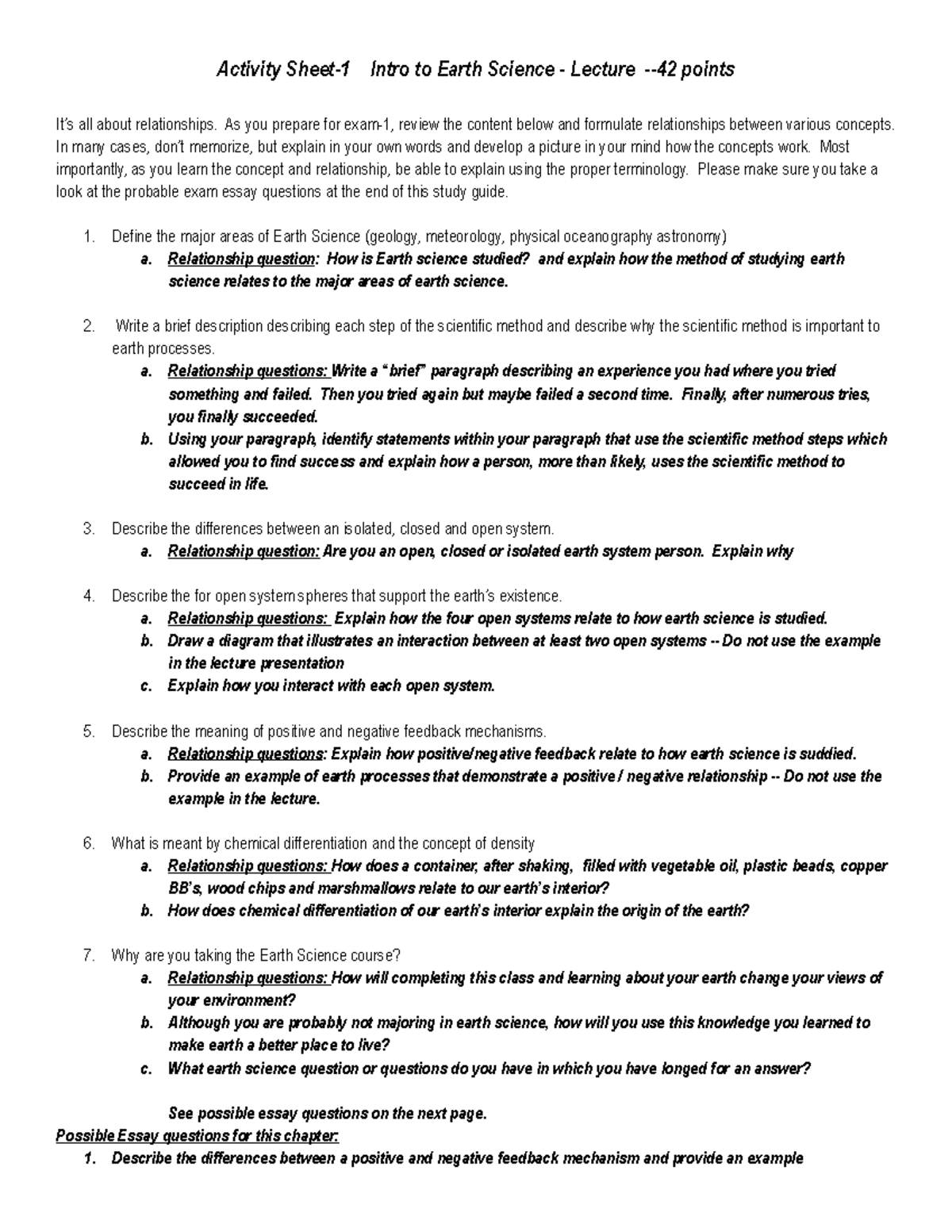 ERS AS- Activity Sheet 1 for Intro to Earth Science Lecture - Studocu