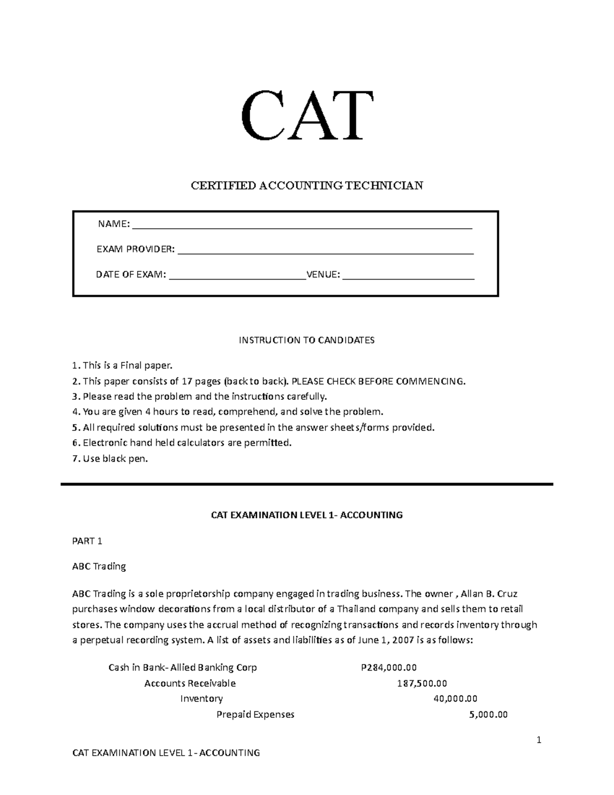 CAT exam 5 - cat exam - CAT CERTIFIED ACCOUNTING TECHNICIAN INSTRUCTION ...
