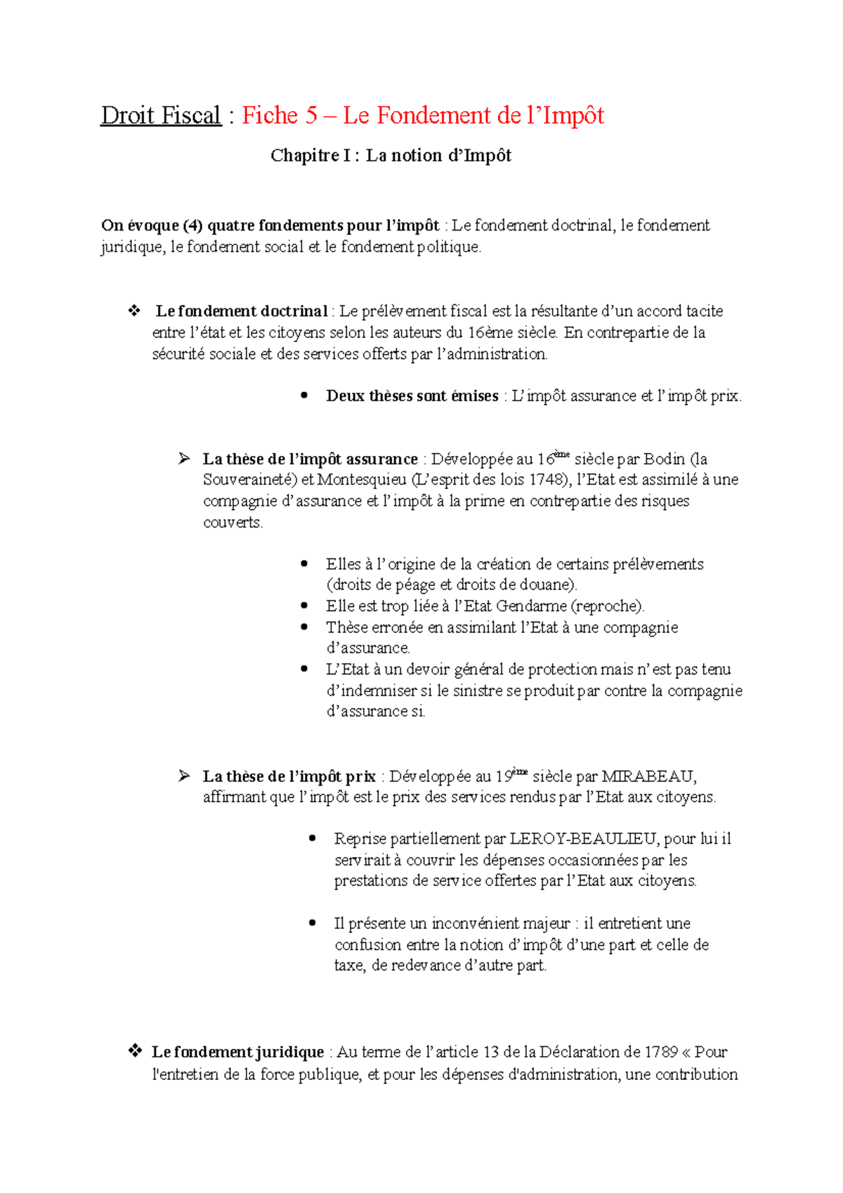 Droit Fiscal (Fiche 5) : Fondements de l'Impôt et leur Signification ...