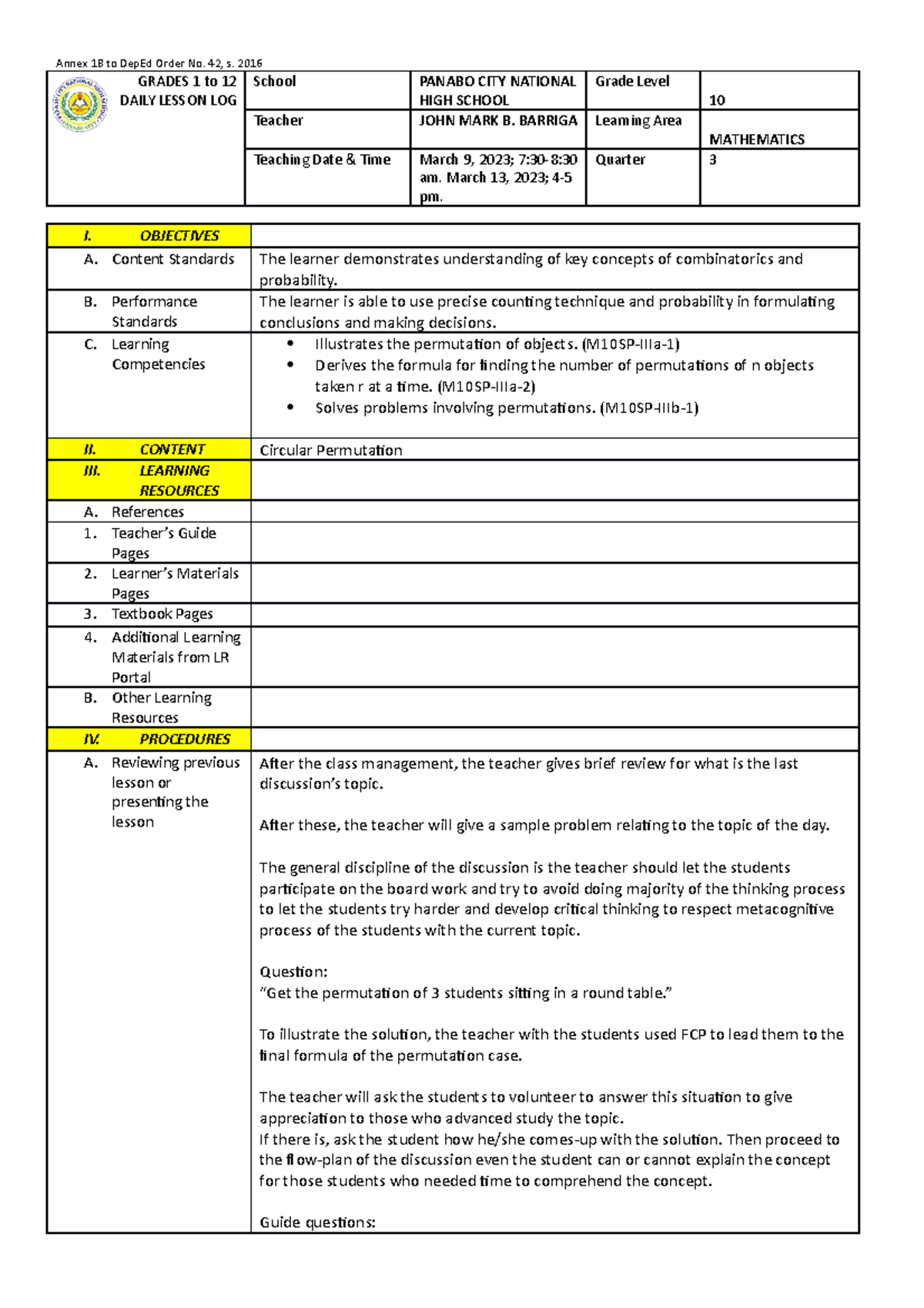 Grade 10 Mathematics Circular Permutation Lesson Plan (M10SP) - Studocu