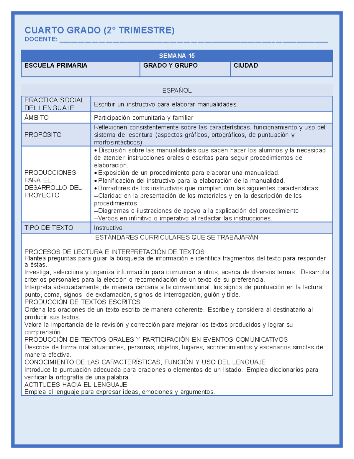 4° Grado Semana 15 (2° Trimestre) - CUARTO GRADO (2° TRIMESTRE) DOCENTE ...