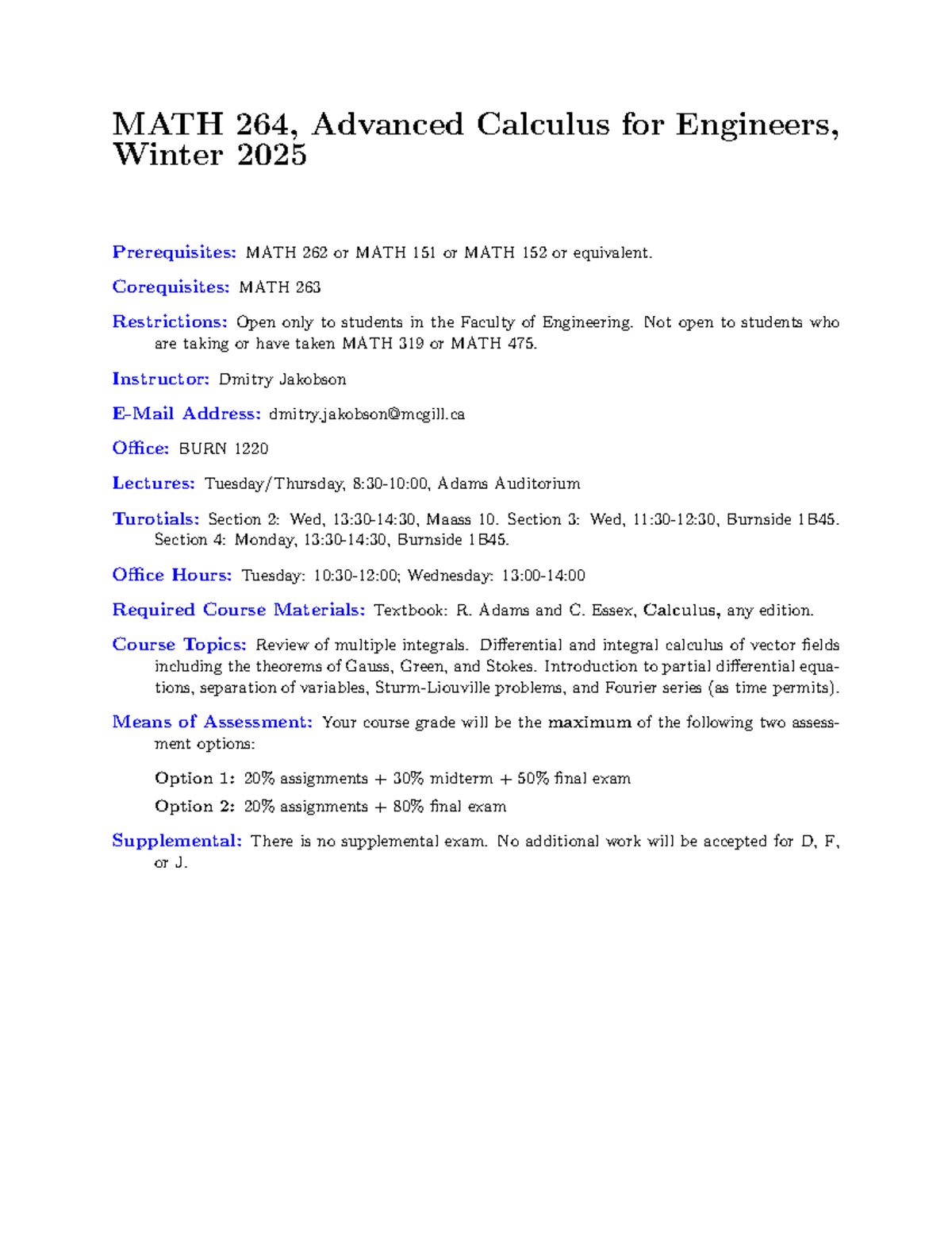 MATH 264 Course Outline: Advanced Calculus for Engineers (Winter 2025 ...