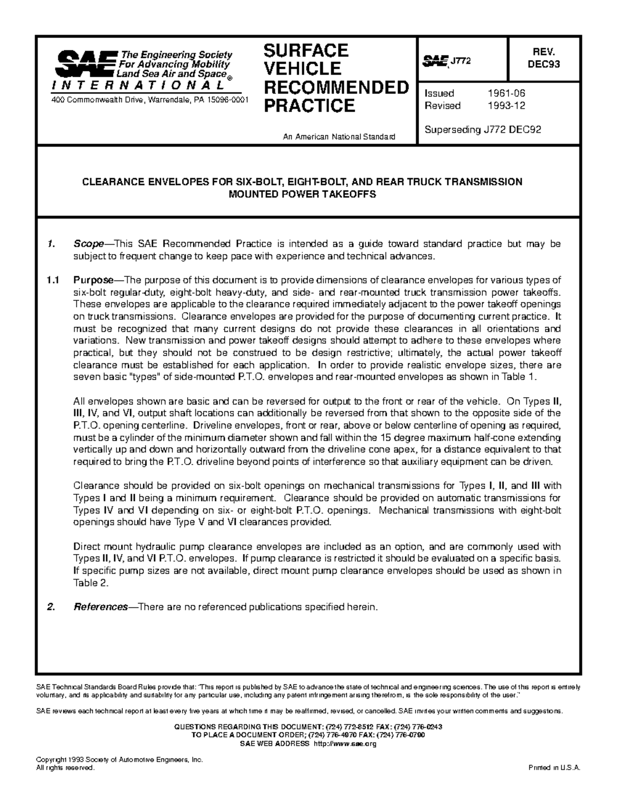 SAE J772 - Clearance Envelopes for Truck P.T.O. Systems - Studocu