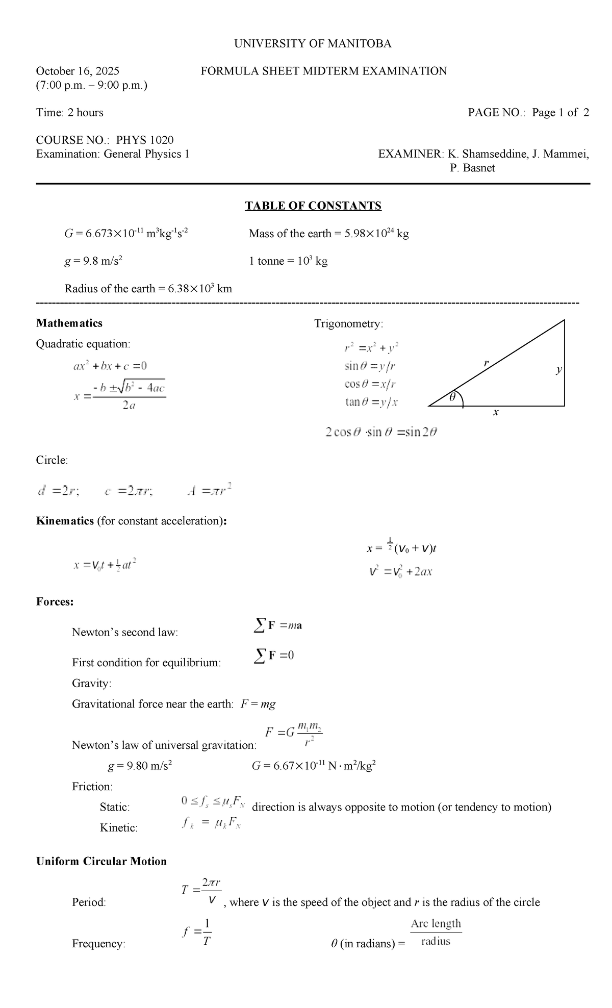 PHYS 1020 Midterm Exam Formula Sheet - Oct 16, 2025 - Studocu