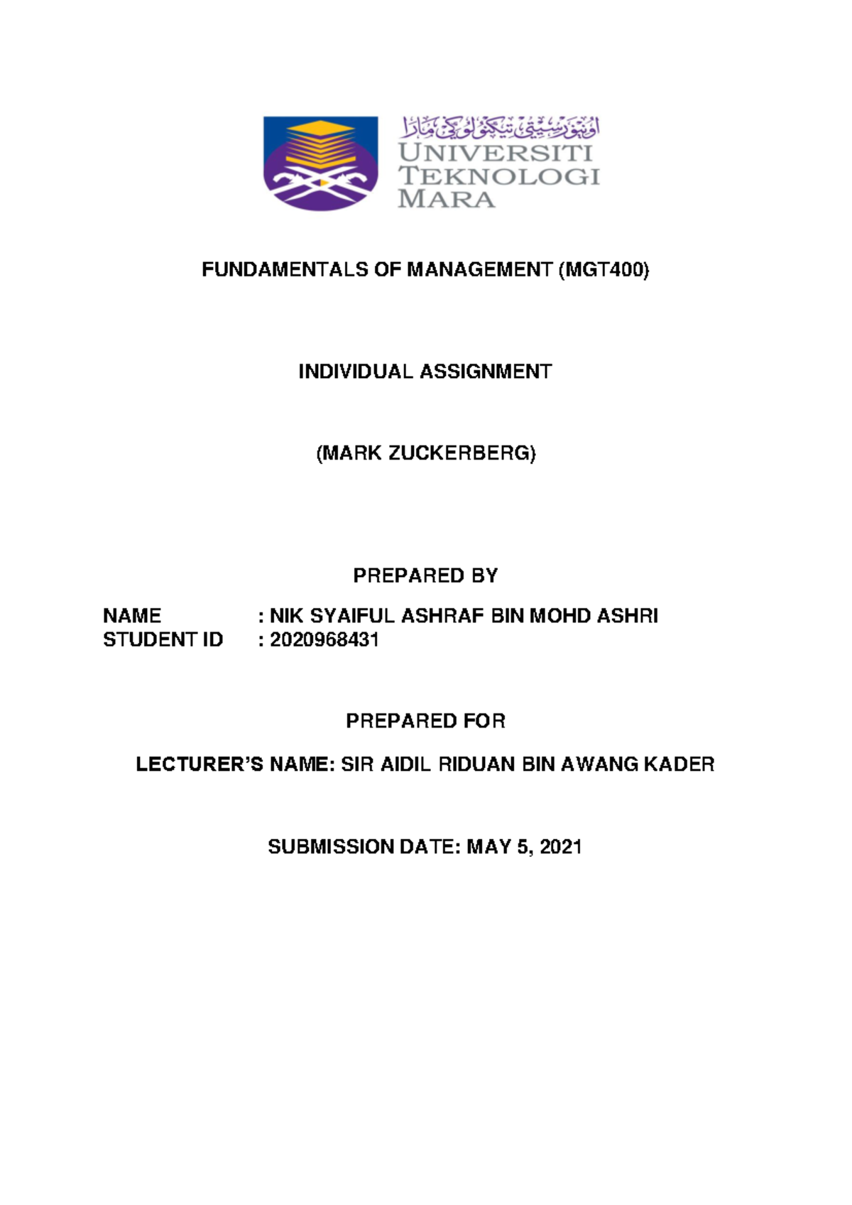 Mark Zuckerberg.docx - Assingment MGT - FUNDAMENTALS OF MANAGEMENT ...