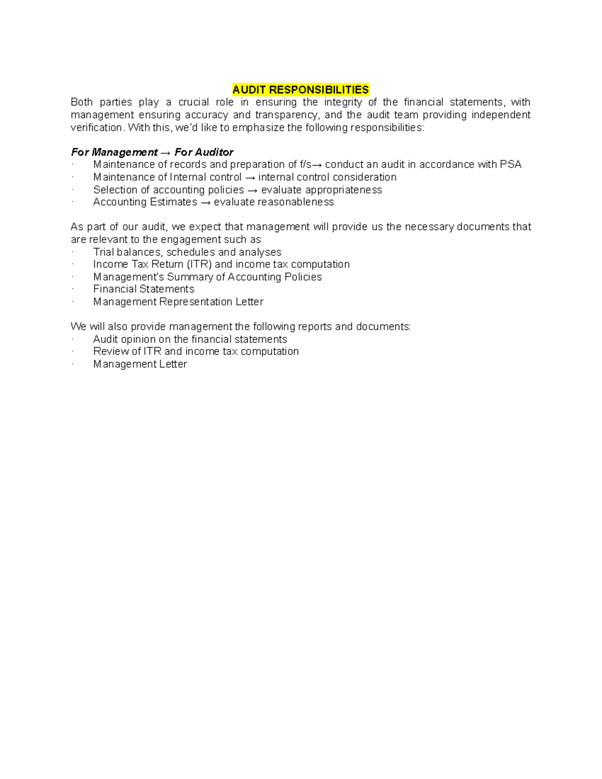 Auditing Theory - concept - AUDIT RESPONSIBILITIES Both parties play a ...
