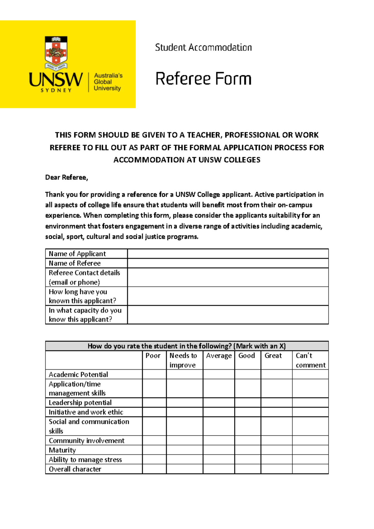 UNSW Colleges Application Referee Form for Student Reference - Studocu