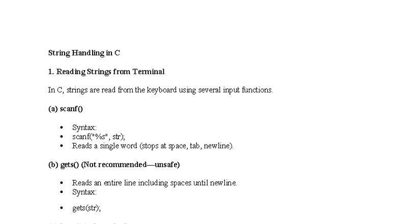 String Handling in C: Input, Output, and Operations - Studocu