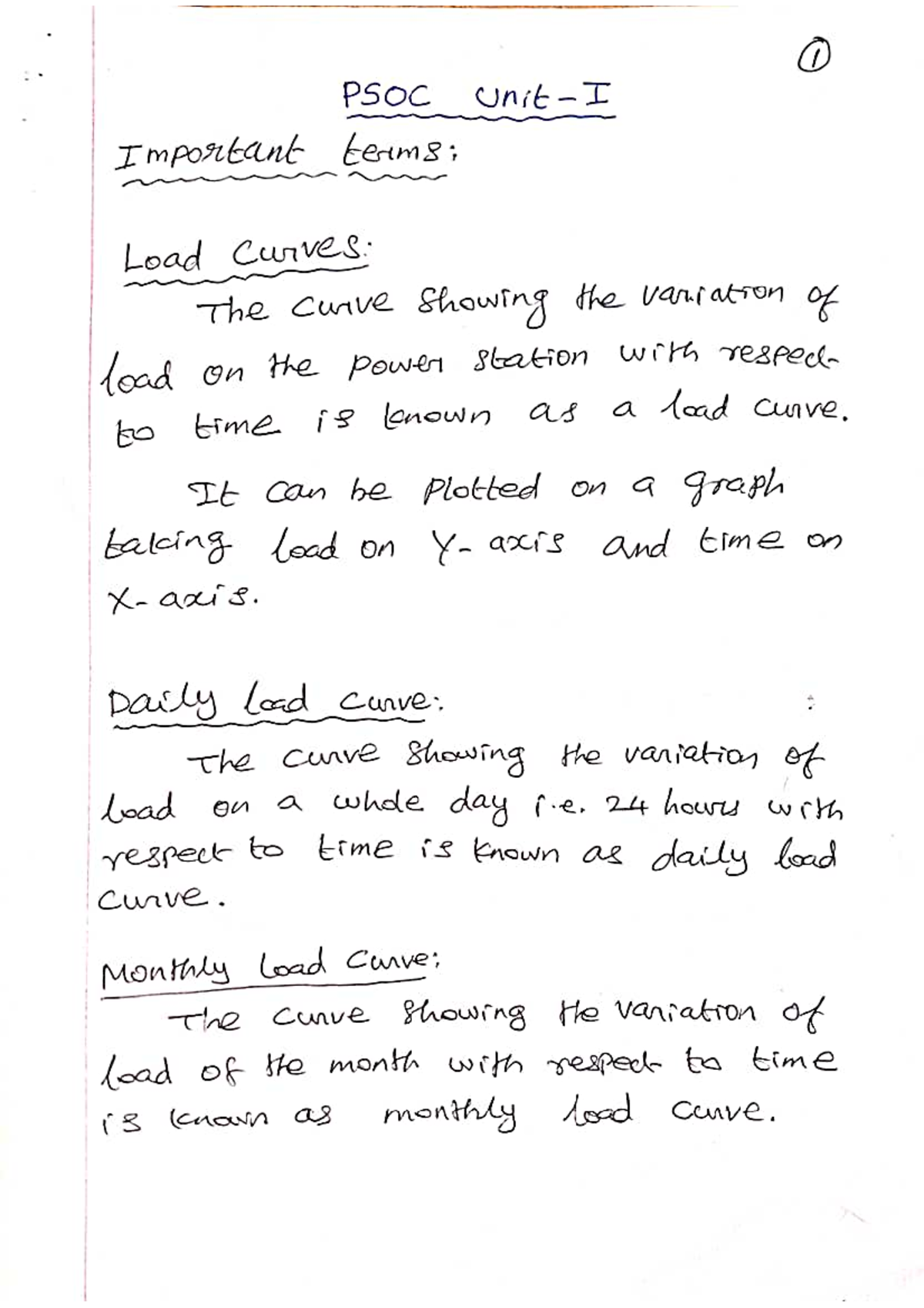 PSOC Unit1 problem - PSOC Unit I Important terms: Load curves: The ...