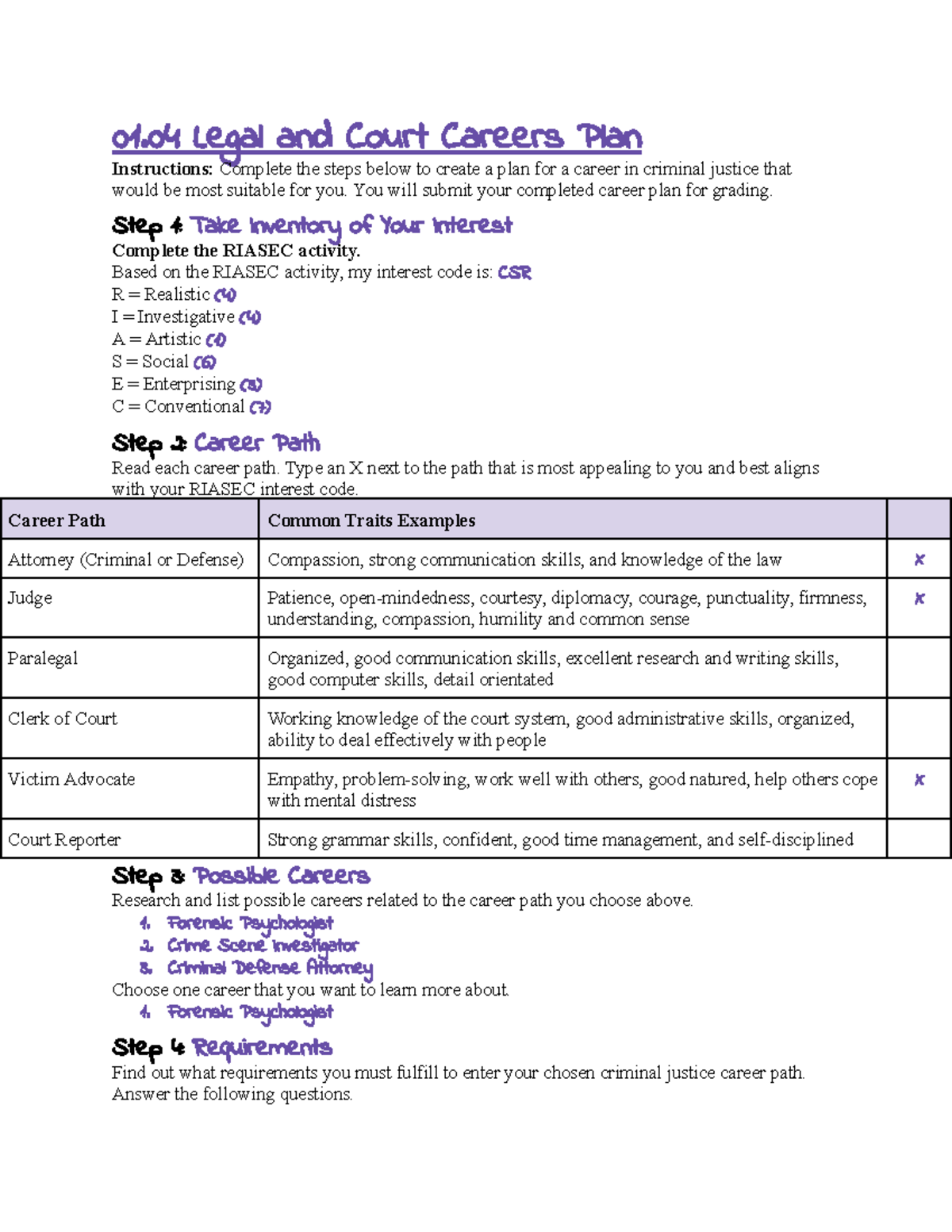 CJO 1.04 Career Plan for Criminal Justice: Focus on Forensic Psychology ...