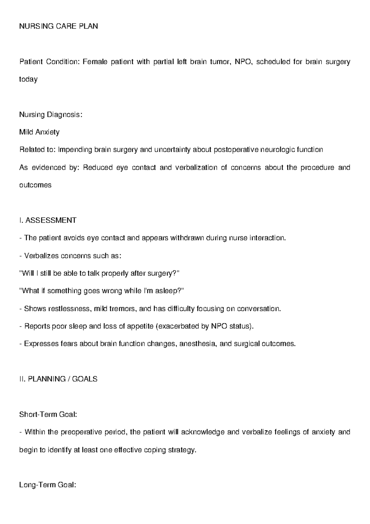 NURS 101: Nursing Care Plan for Mild Anxiety in Brain Tumor Patient ...