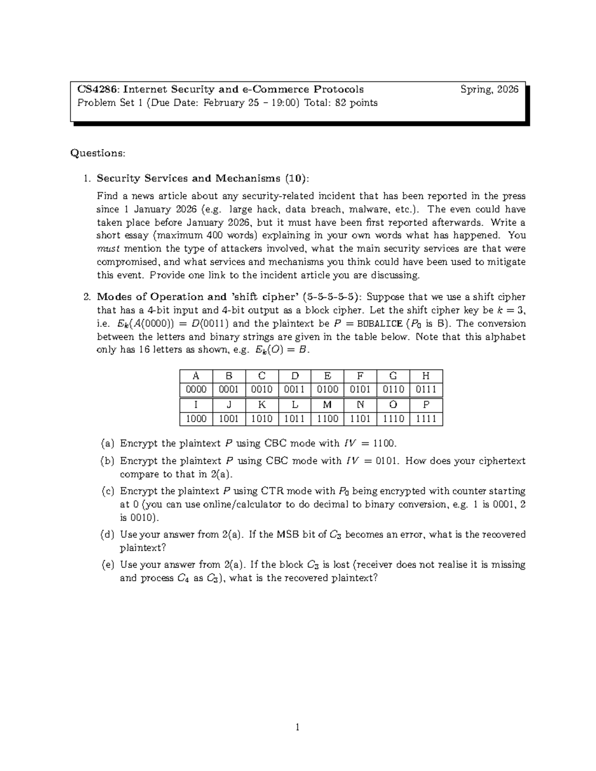 CS4286: Internet Security & Protocols Problem Set 1 - Spring 2026 - Studocu