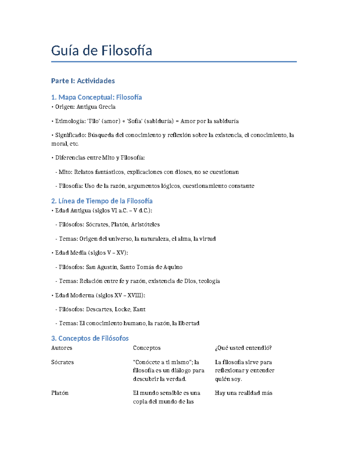 Guía de Filosofía I: Mapa Conceptual y Línea de Tiempo de Filósofos - Studocu
