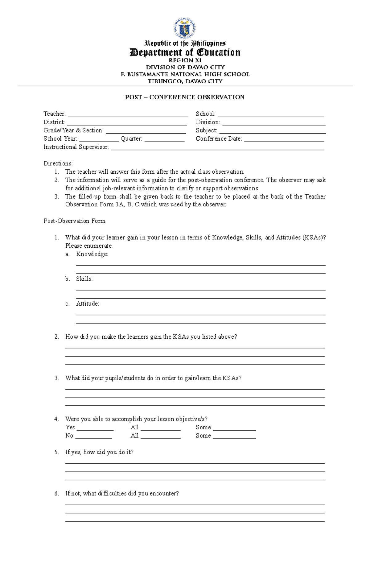 POST-Conference Observation Form for Teacher Evaluation - Studocu