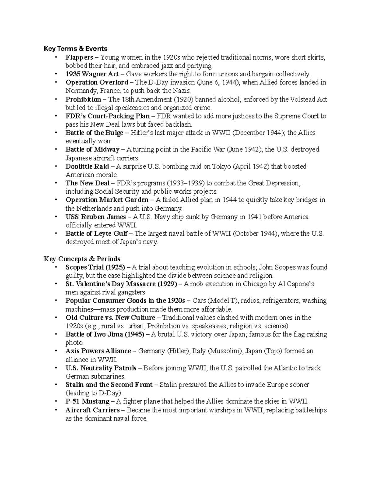 Key Events and Figures in American History: 1920s to WWII Exam Notes ...