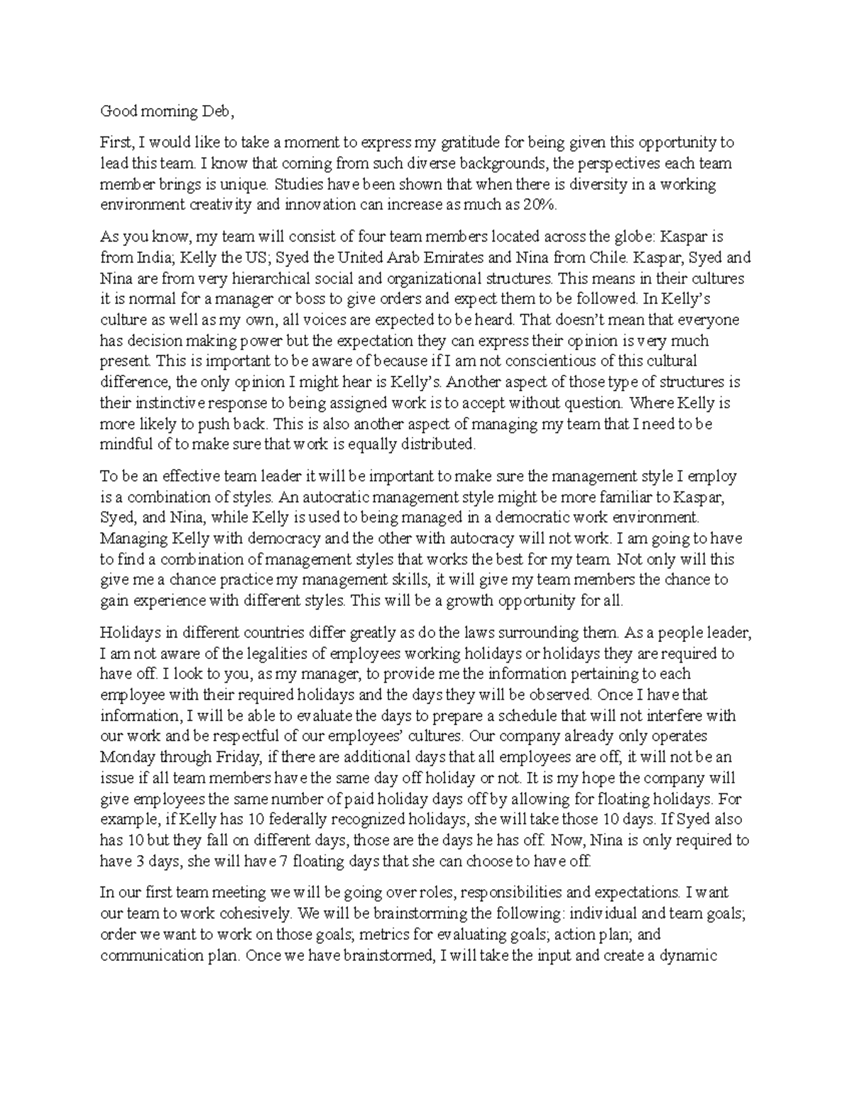 INT 220 Module 6 International Team Expectations Assignment - Good morning Deb, First, I would ...