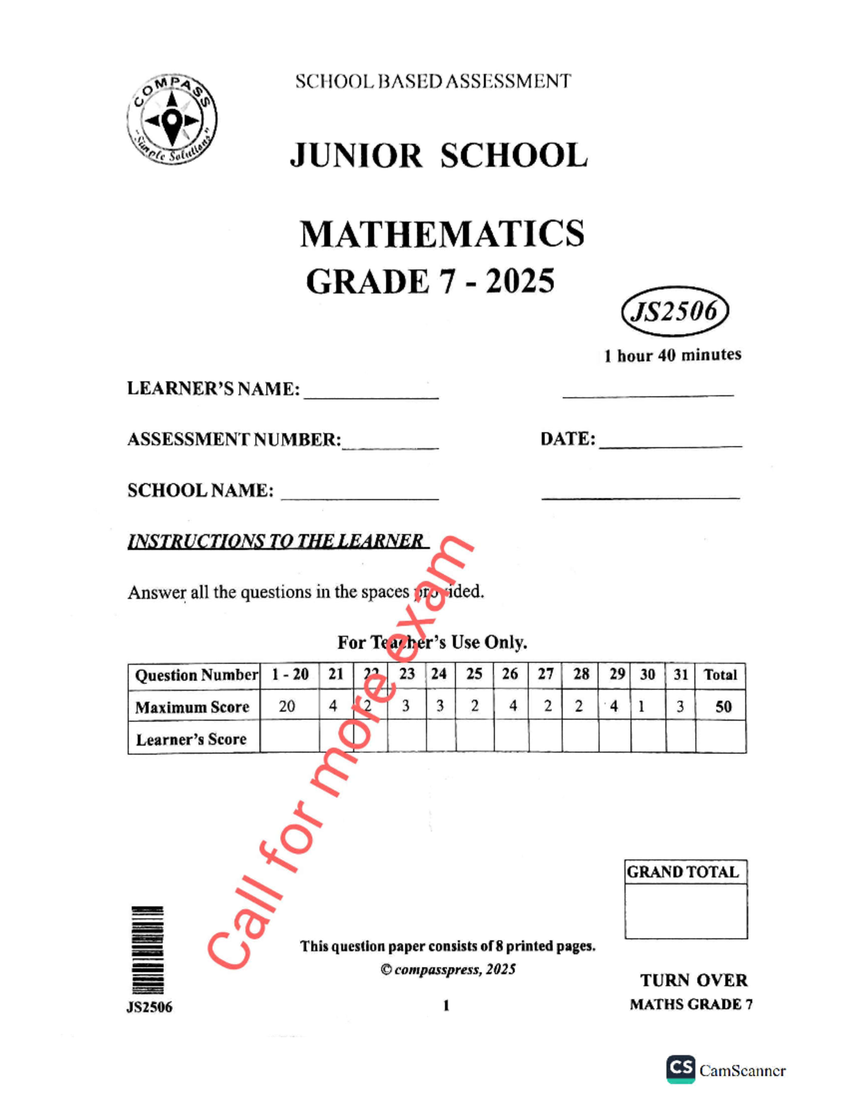 Grade 7 Mathematics Assessment JS2506 - 2025 - Studocu