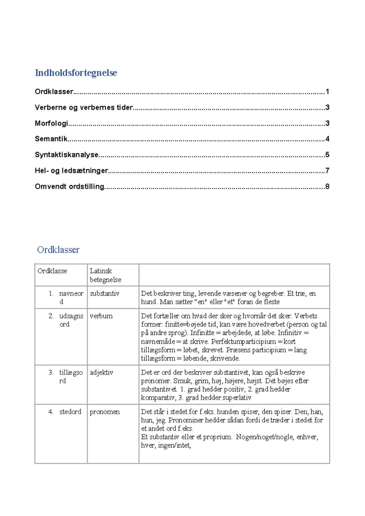 Oversigt over ordklasserne (Danish Language Class - Dansk Sprog) - Studocu