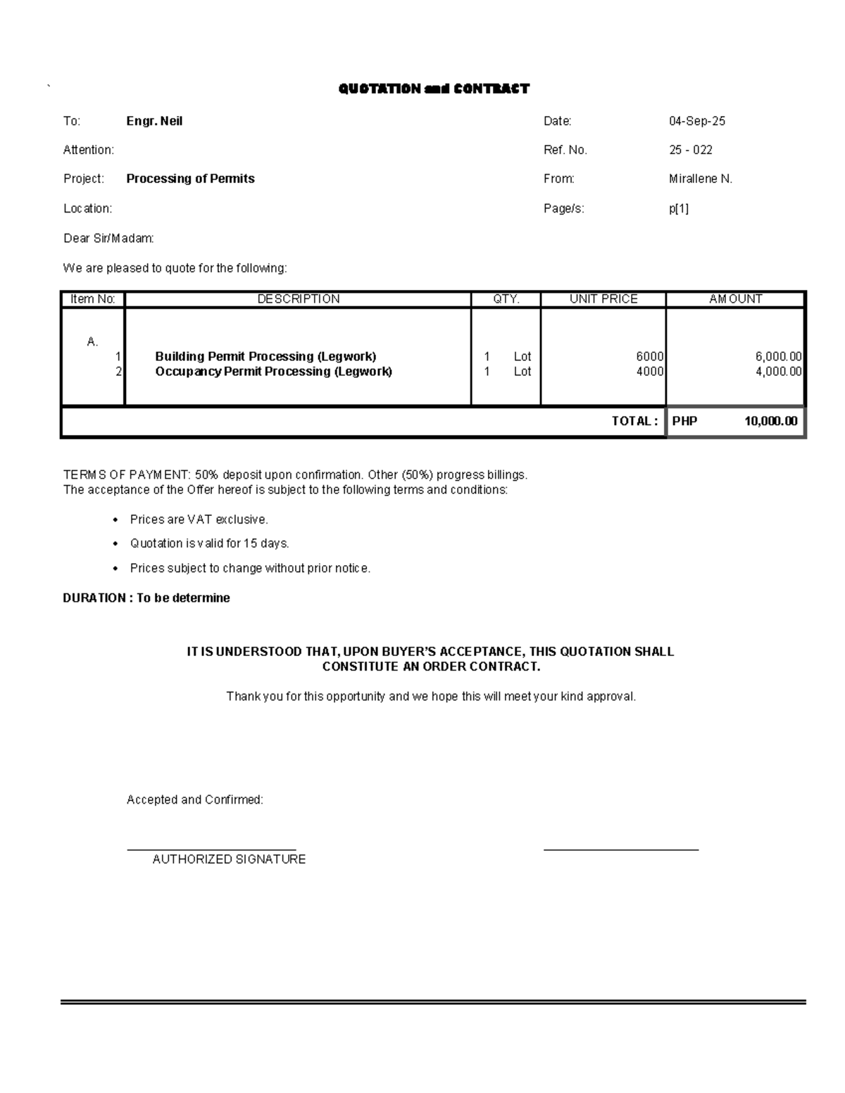 Quotation for Permits Processing - Construction Plans - Studocu